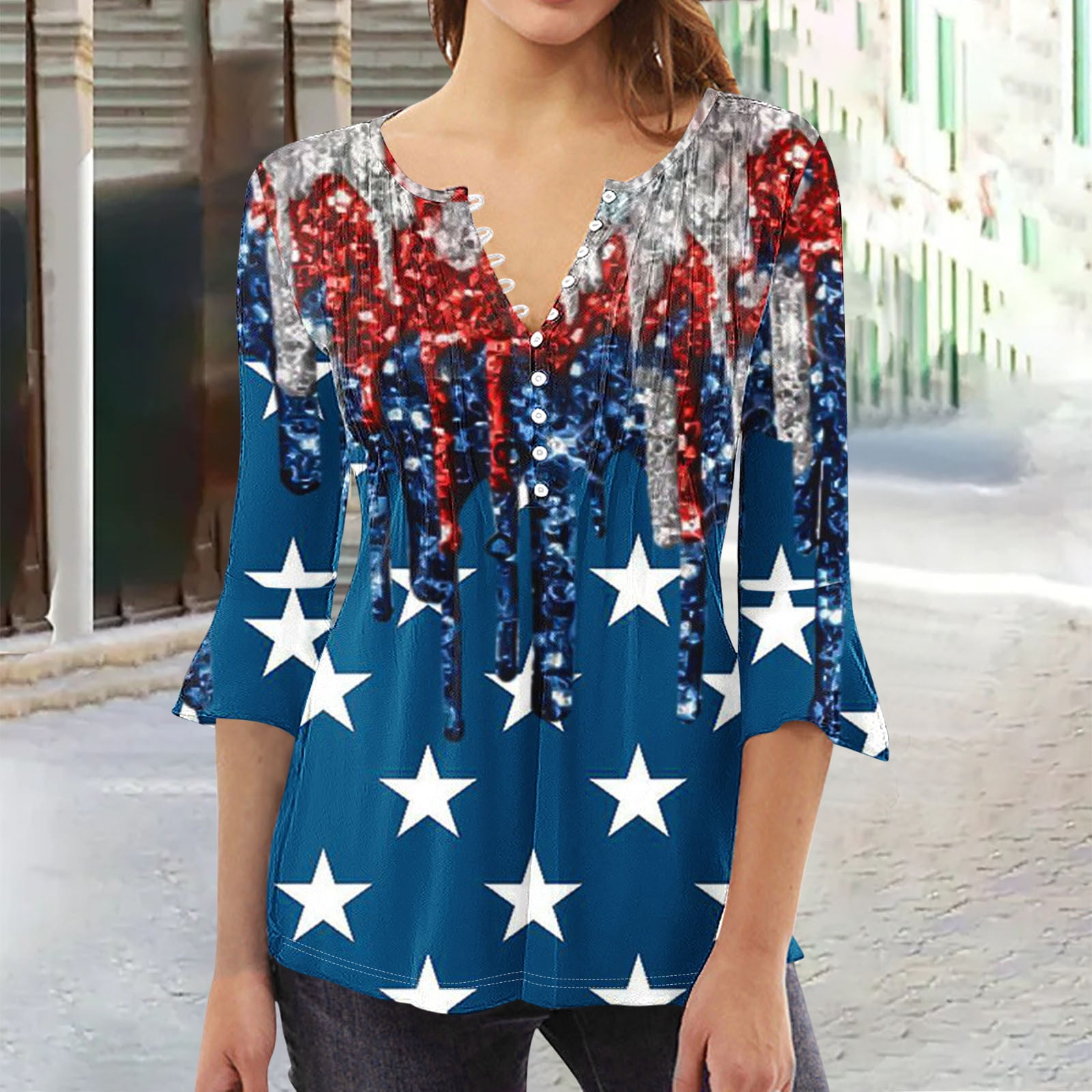 Spring Savings Ganfancp Independence Day Workout Women Tops 3 4 Sleeve