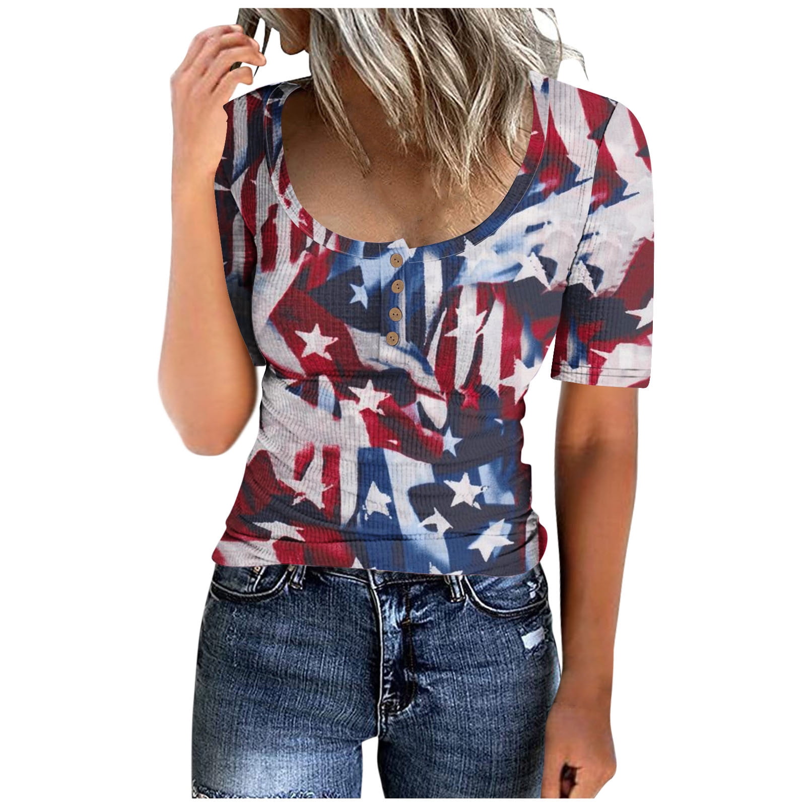 Spring Savings Ganfancp Usa Flag Women Tops Short Sleeve Crew Neck T