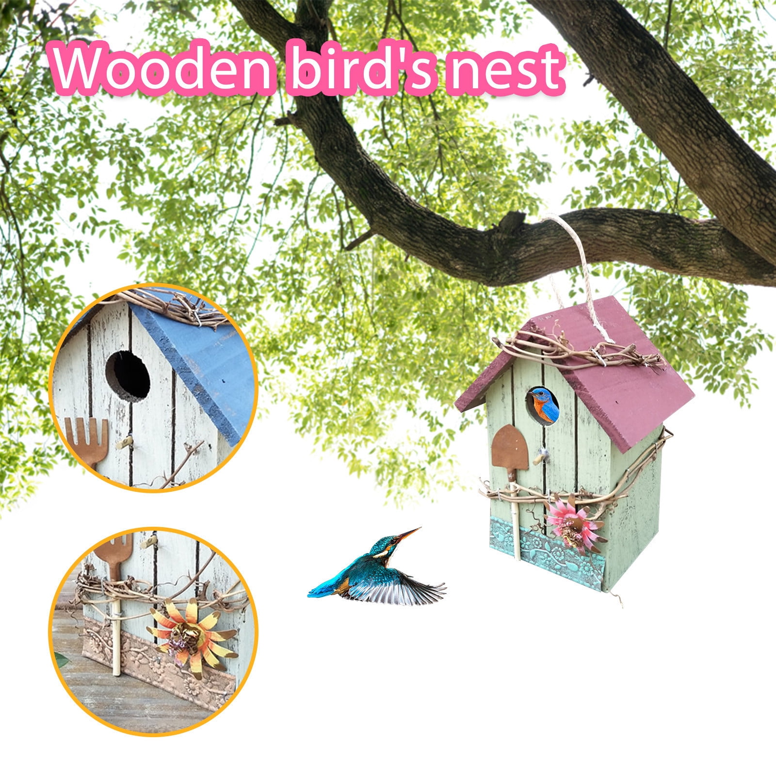 Outdoor Wooden Bird House Nesting Box Hanging Bird Nests Home Garden ...