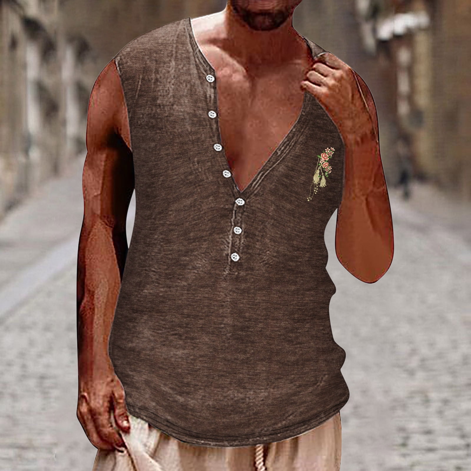 Pitauce Tank Tops Men Button Sleeveless Shirt Casual Stylish Floral ...