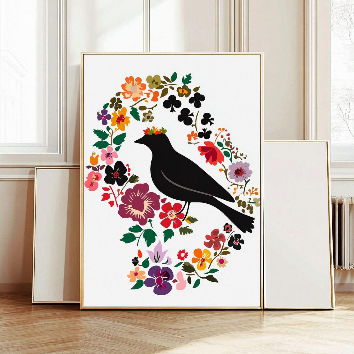 Spring Season Art, Folklore Floral Motive Wall Decor, Black Bird ...