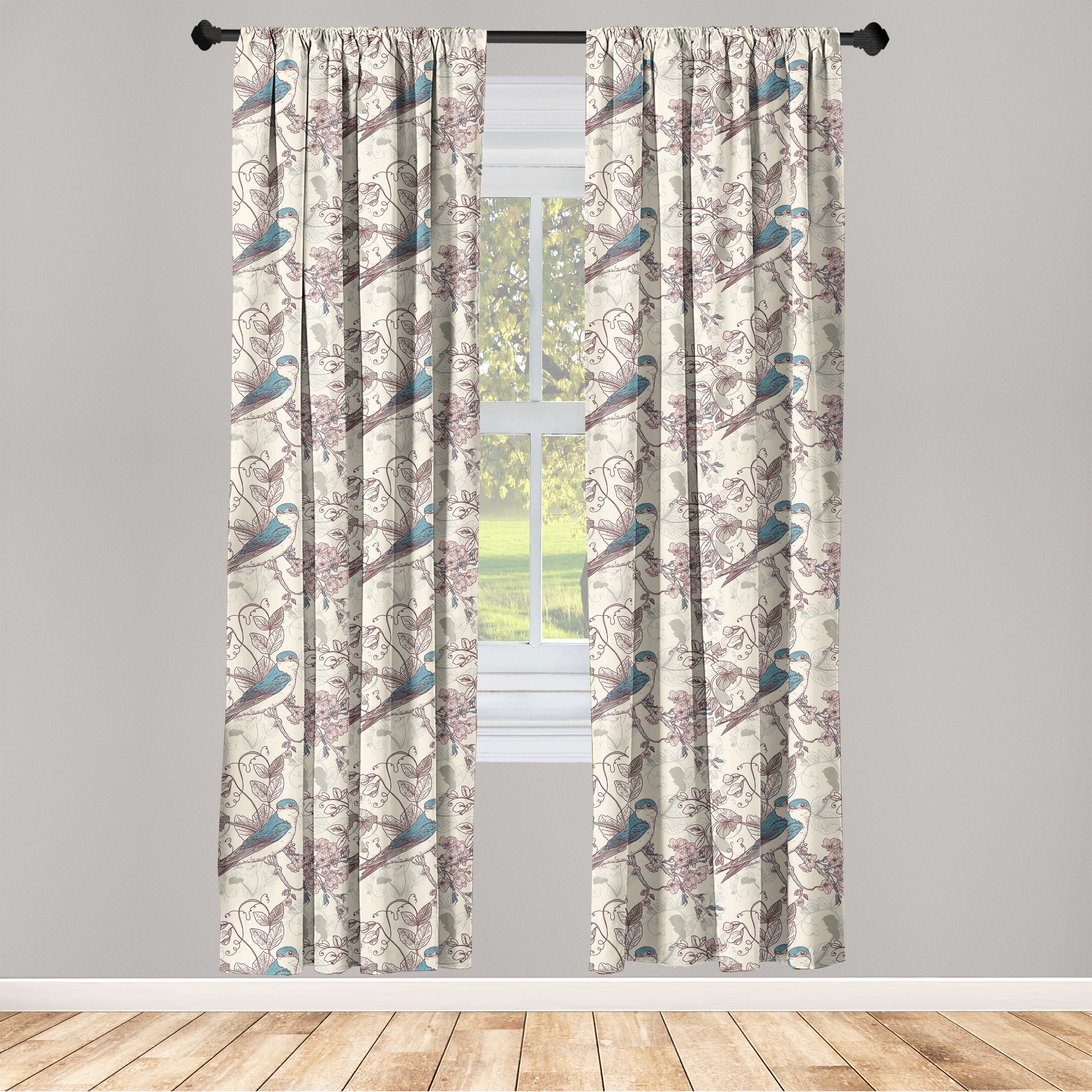 Spring Season Window Curtains, Bird Perching on the Sakura Tree New ...