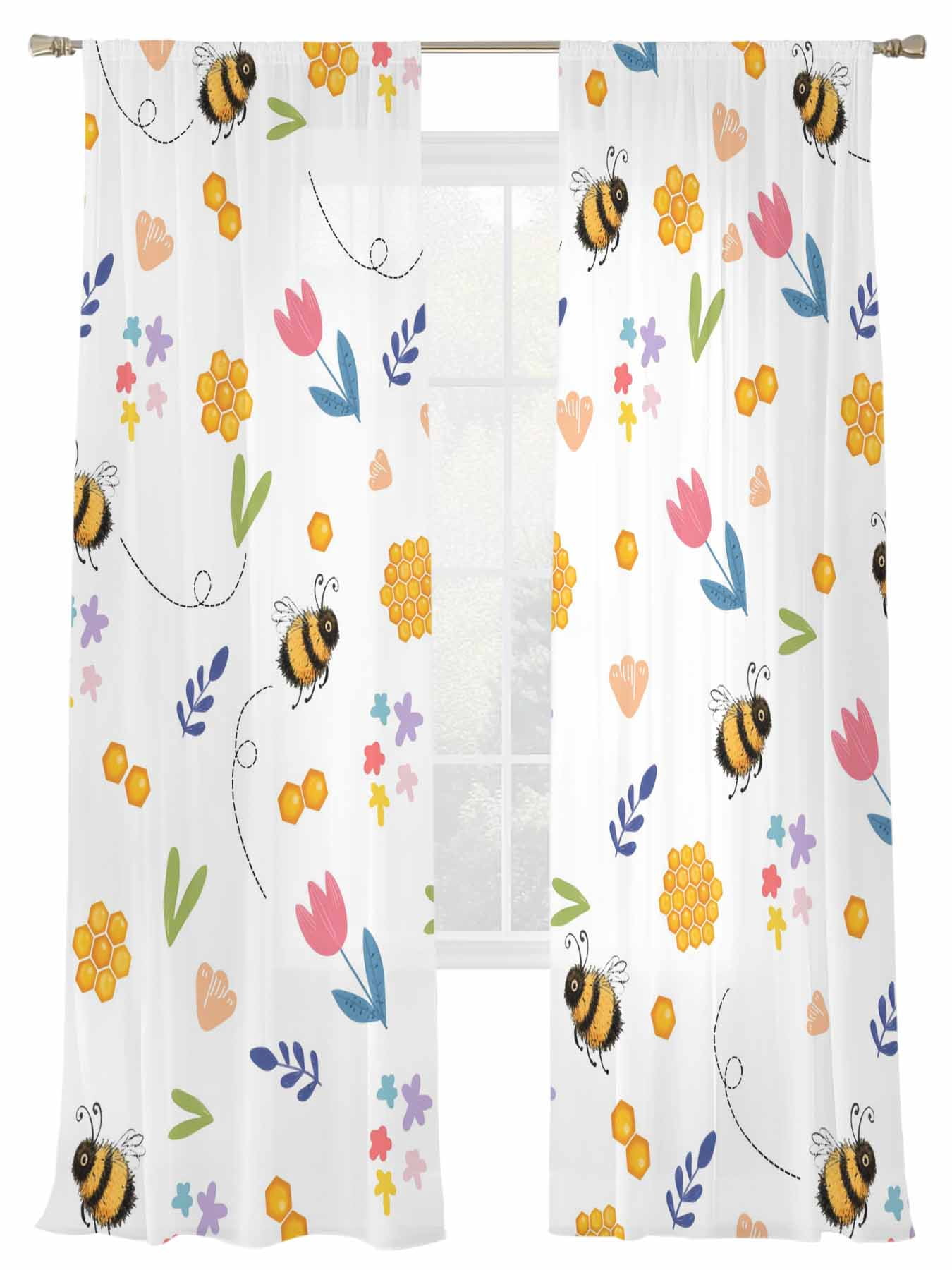 Spring Sheer Curtains 2 Panels Set Cartoon Red Flower Farm Plants ...