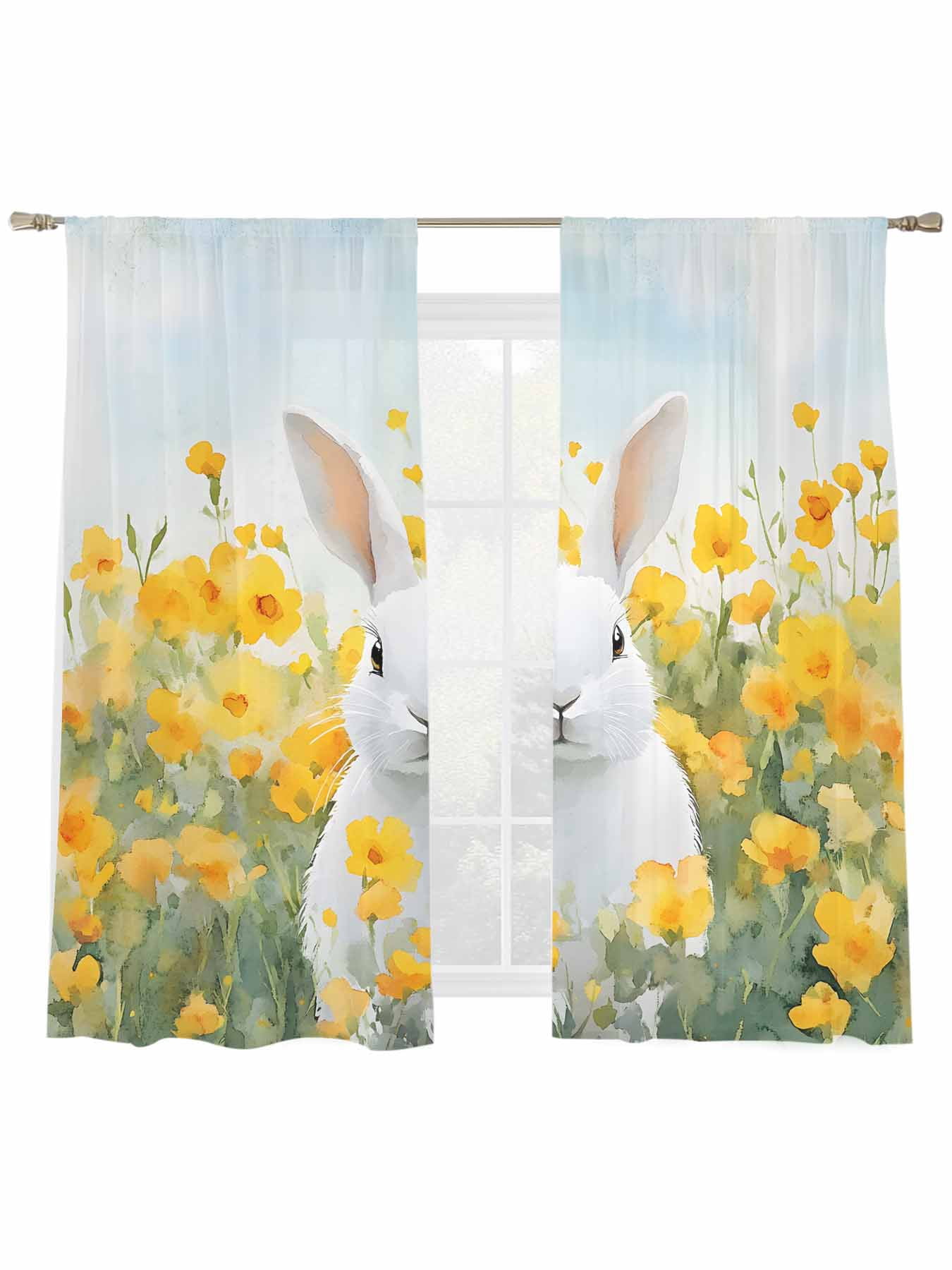 Spring Sheer Curtains 2 Panels Set Rabbit Flower Field Blue Sky ...