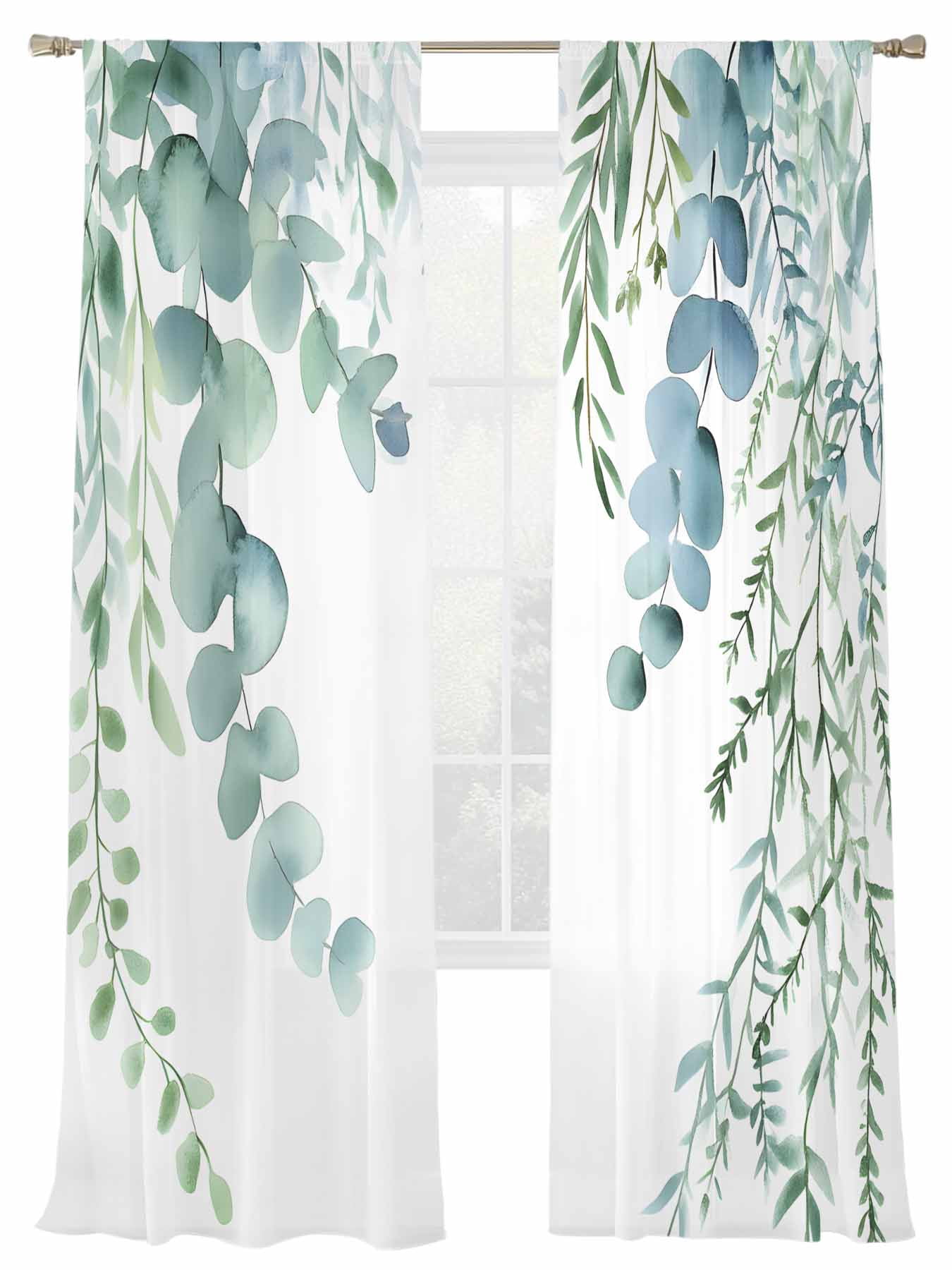 Spring Sheer Curtains 2 Panels Set Rustic Sage Green Eucalyptus Leaves ...