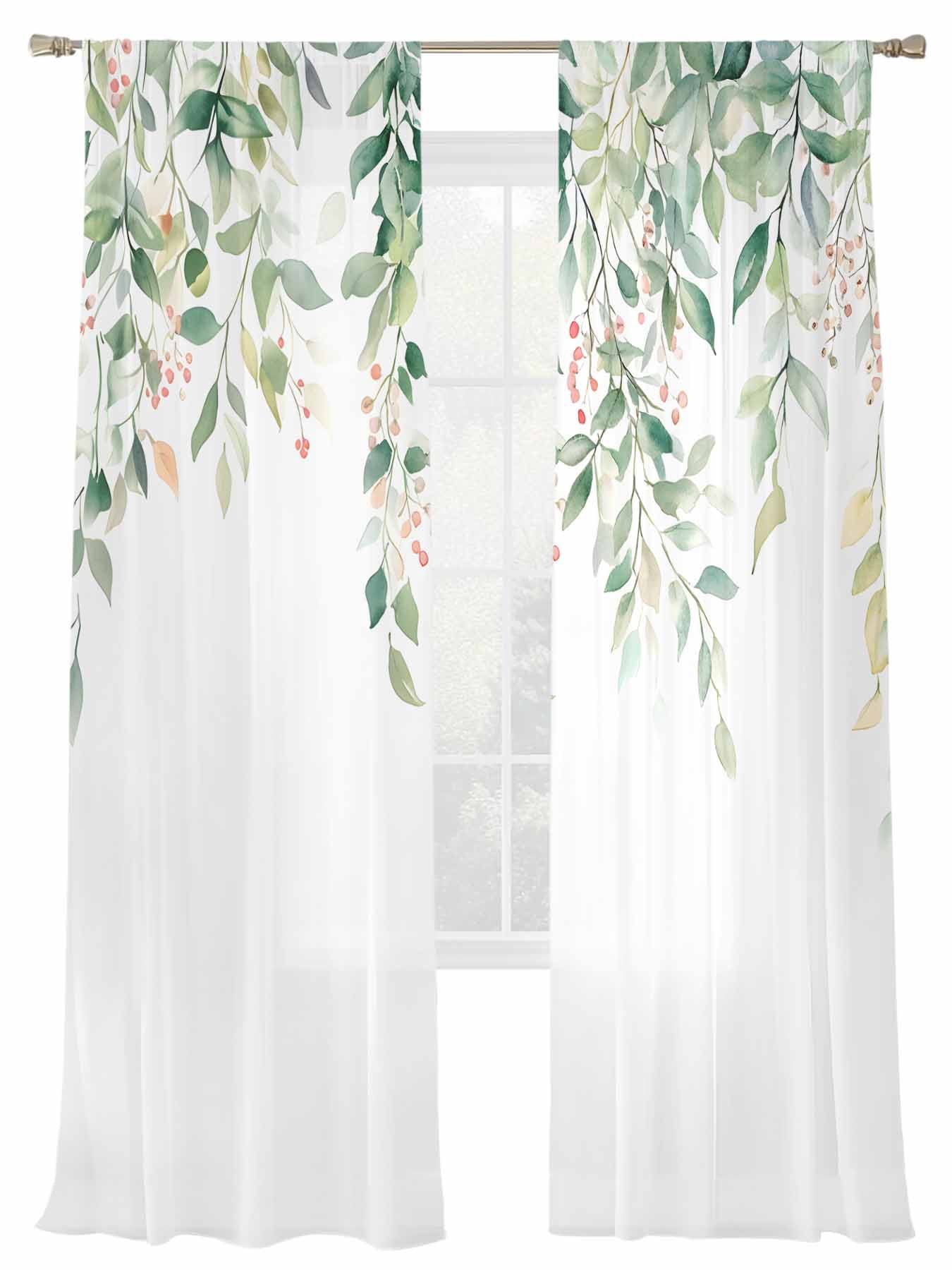 Spring Sheer Curtains 2 Panels Set Sage Green Leaf Sheer Window ...
