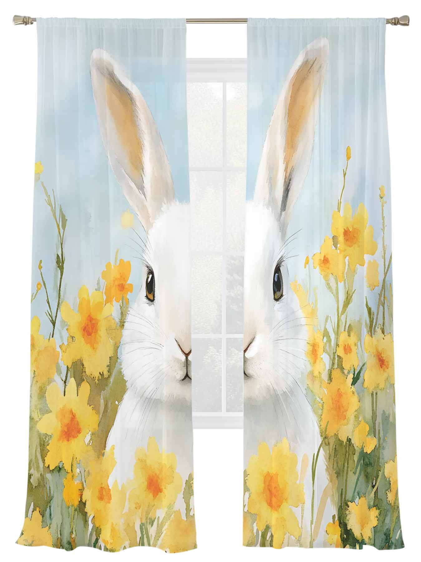 Spring Sheer Curtains 2 Panels Set Watercolor White Rabbit Yellow ...