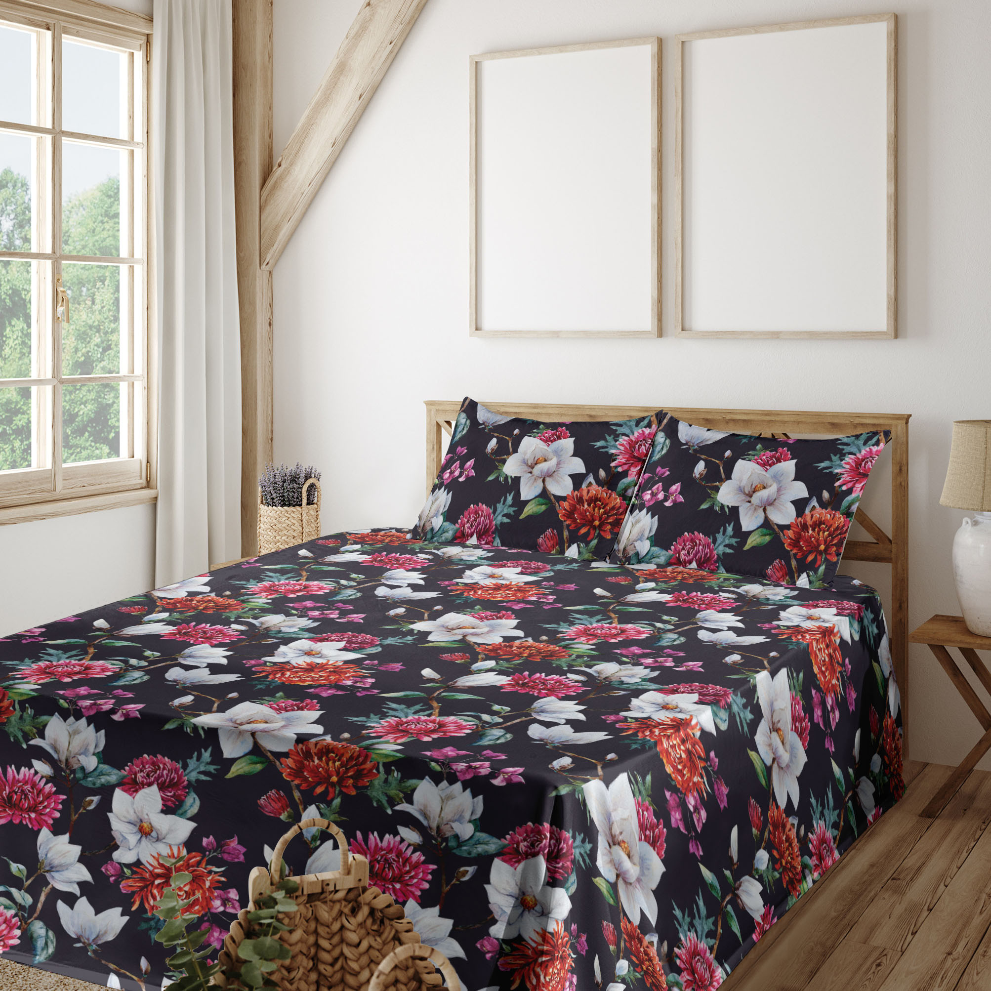 Spring Sheet Set, Chrysanthemum and Magnolia Flowers Leaves Floral ...