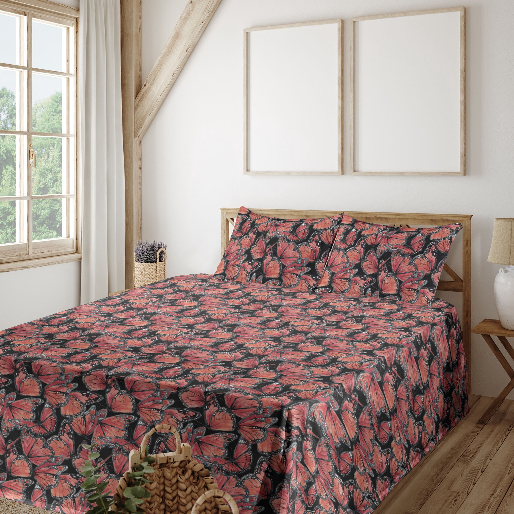 Spring Sheet Set, Repetitive Pattern of Watercolor Butterflies on Dark ...