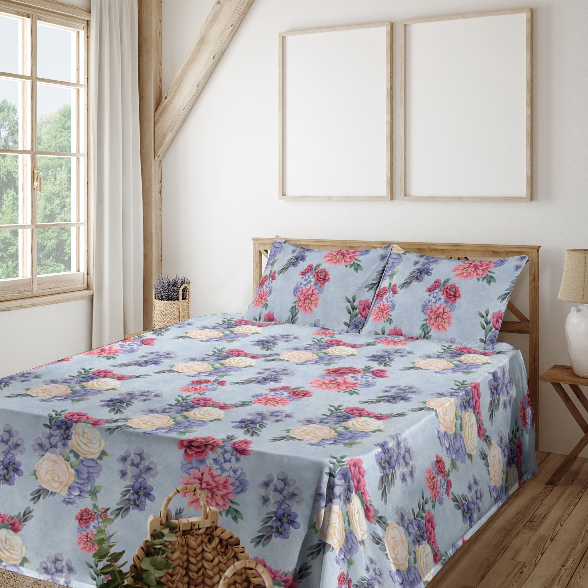 Ambesonne Spring Fitted & Flat Sheet with Shams 4 Pcs Set, Rose ...