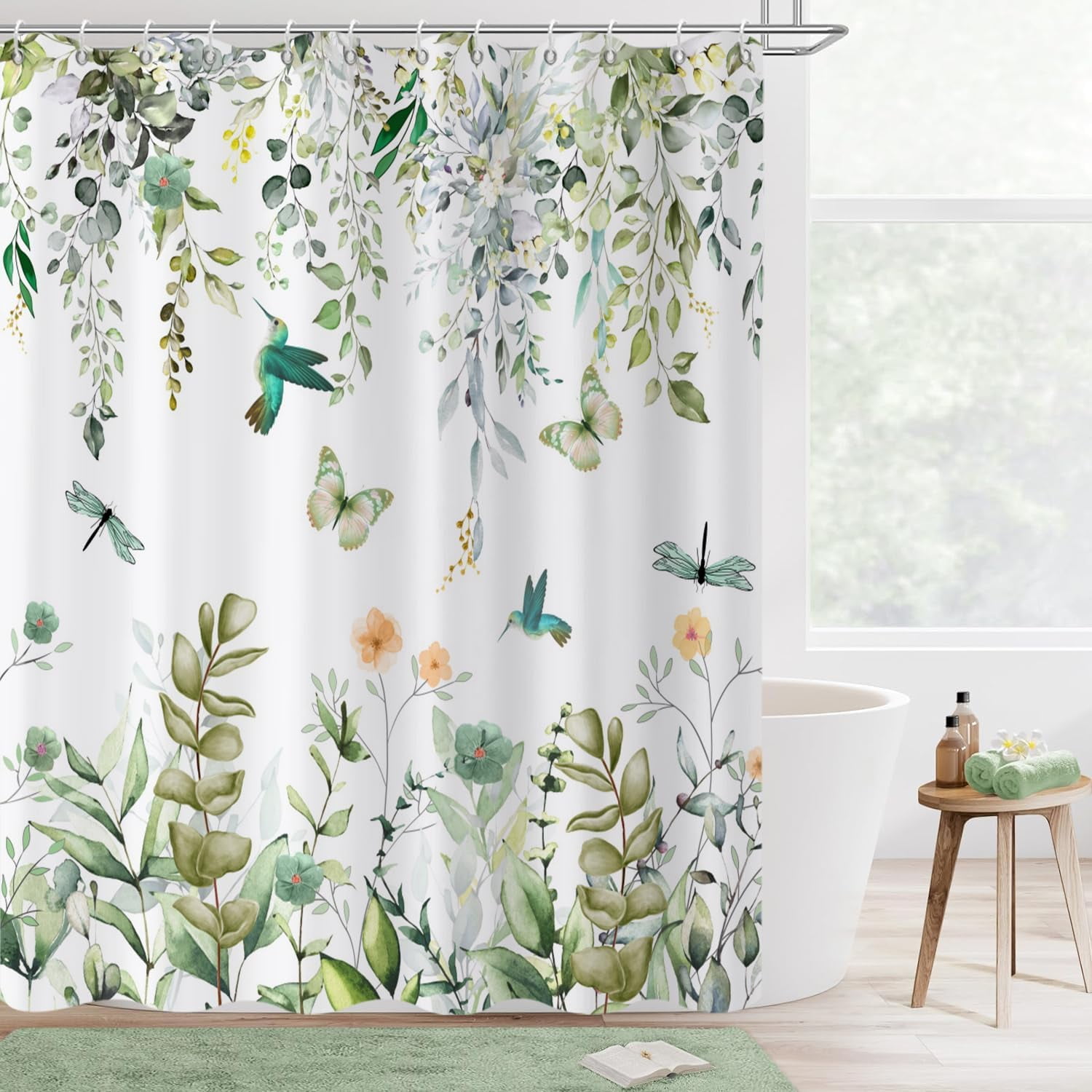 Spring Shower Curtain, Colorful Flower Hummingbirds Butterflies Green ...