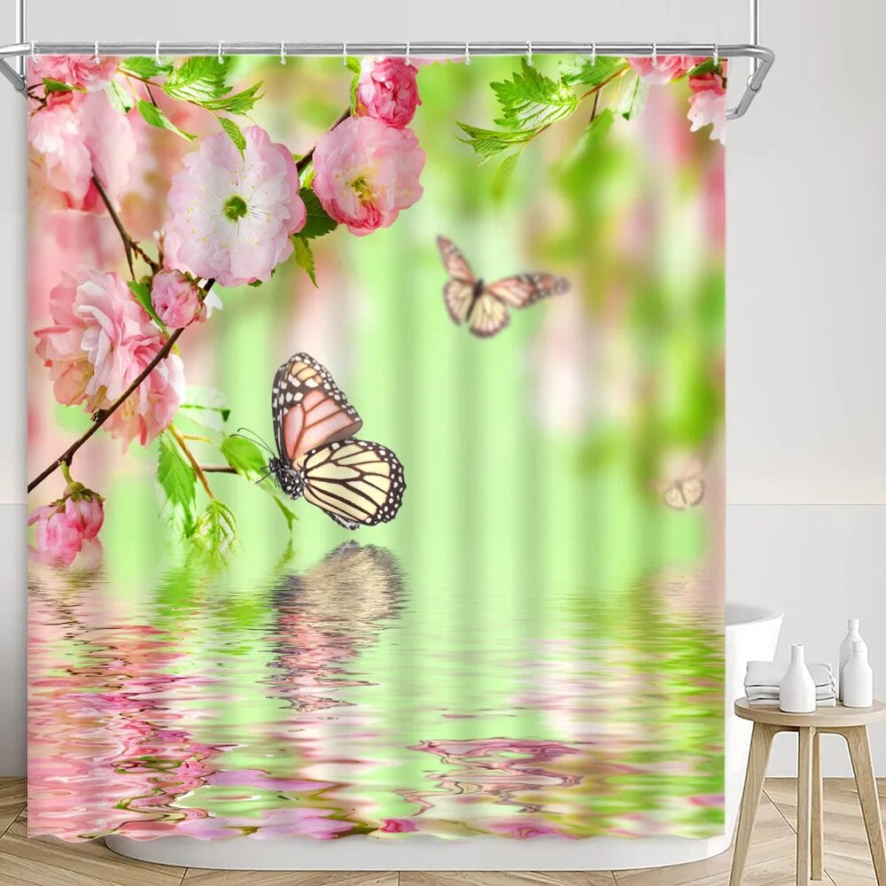 Spring Shower Curtain Floral Landscape Butterfly Botanical Leaf River