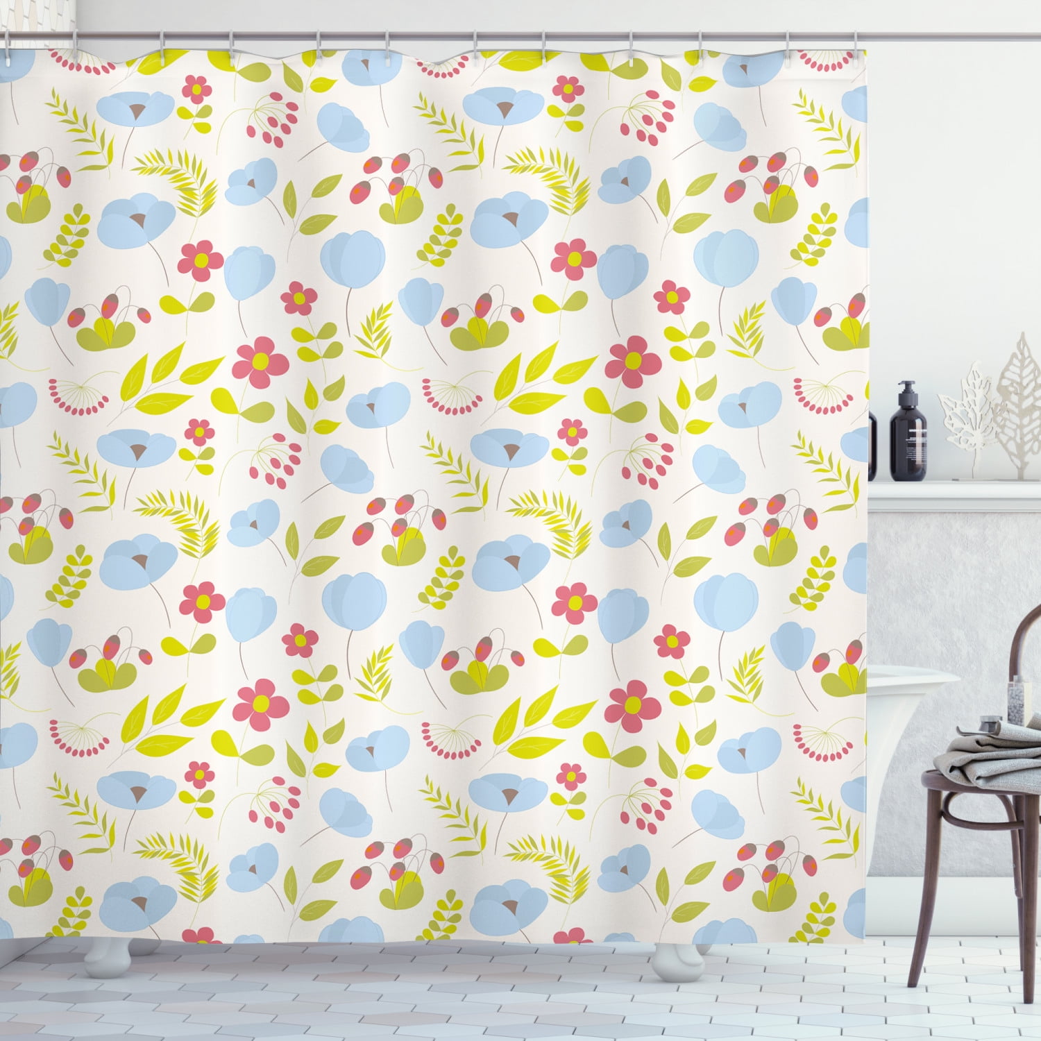 Spring Shower Curtain, Pastel Repetitive Pattern with Wild Meadow ...