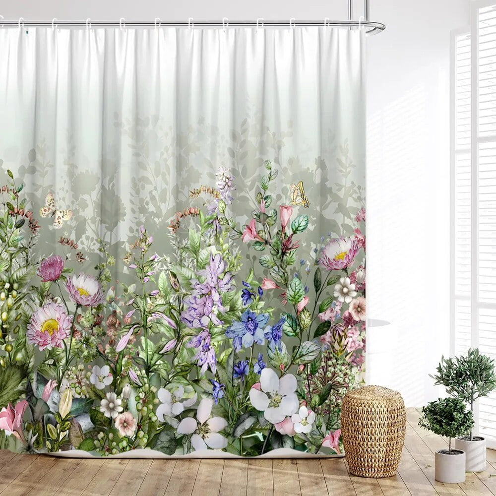 Spring Shower Curtain Watercolor Floral Farm Rustic Wildflower