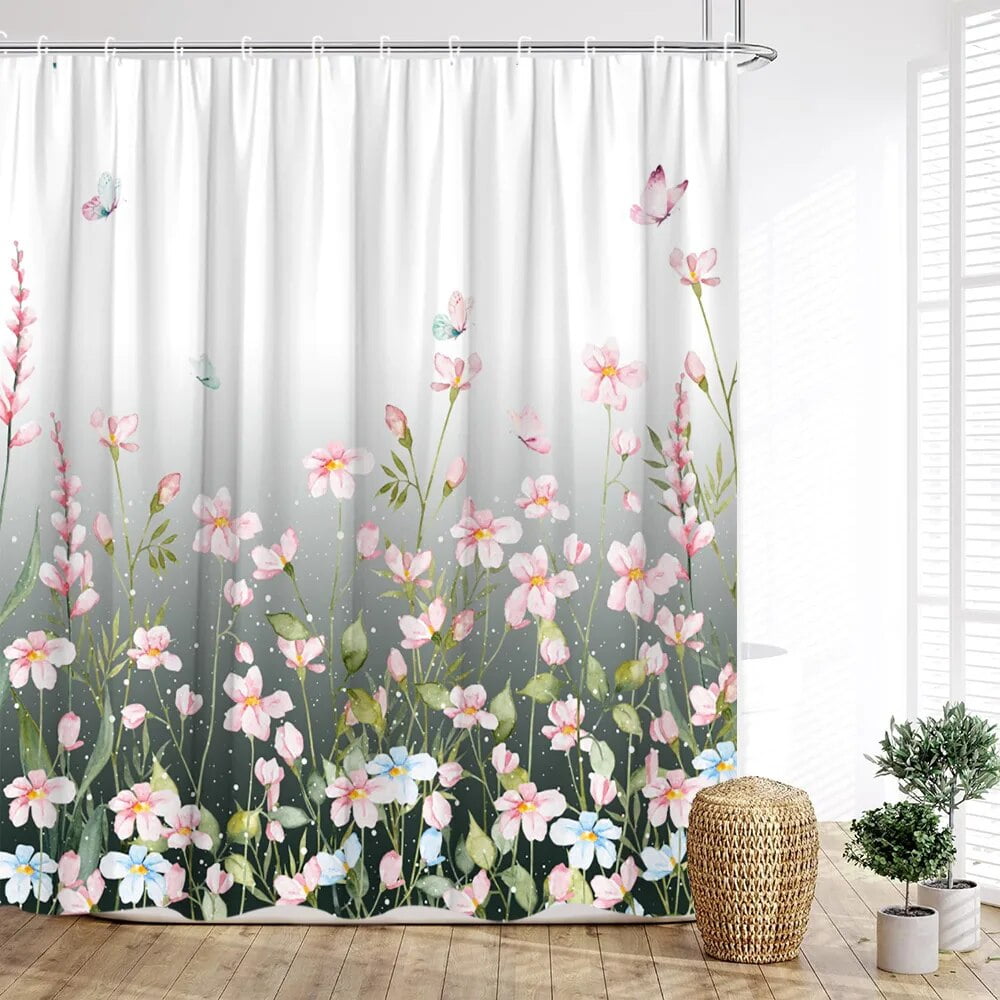 Spring Shower Curtain Watercolor Floral Farm Rustic Wildflower
