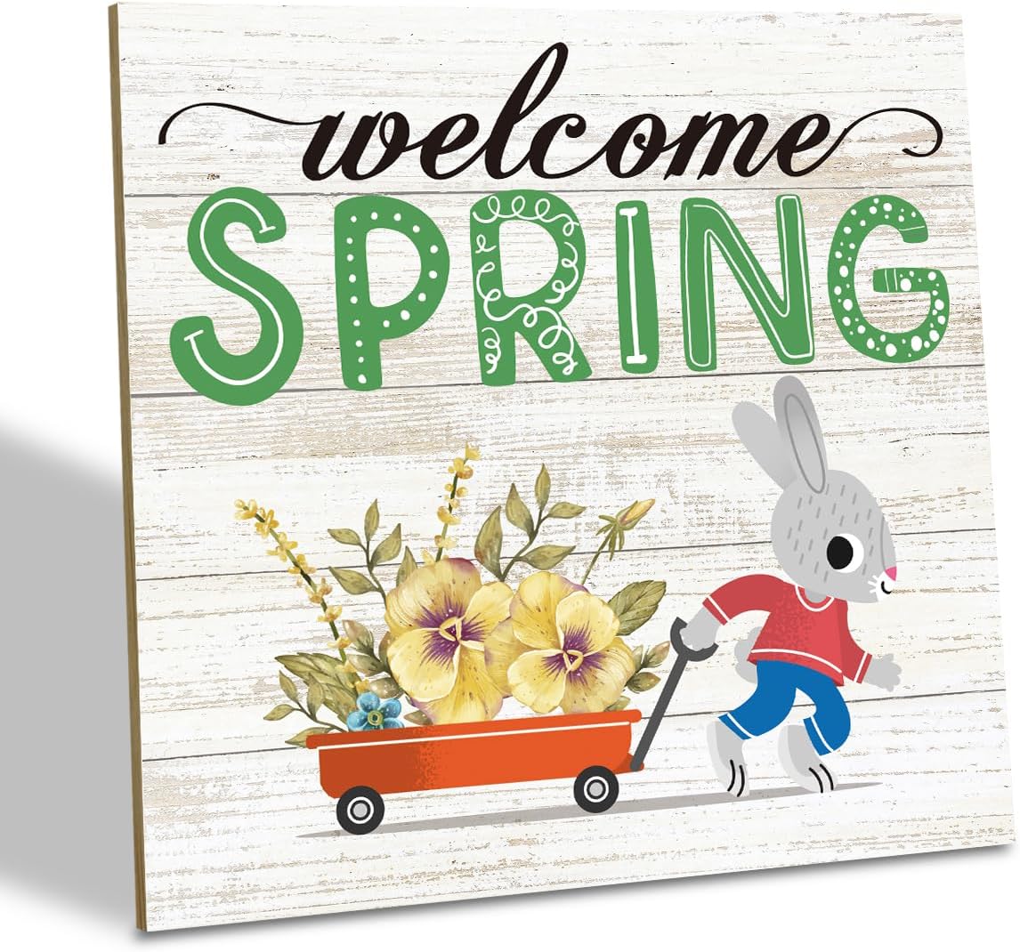 Spring Sign, Welcome Spring Sign, Wood Plaque Table Art Sign, Flower ...