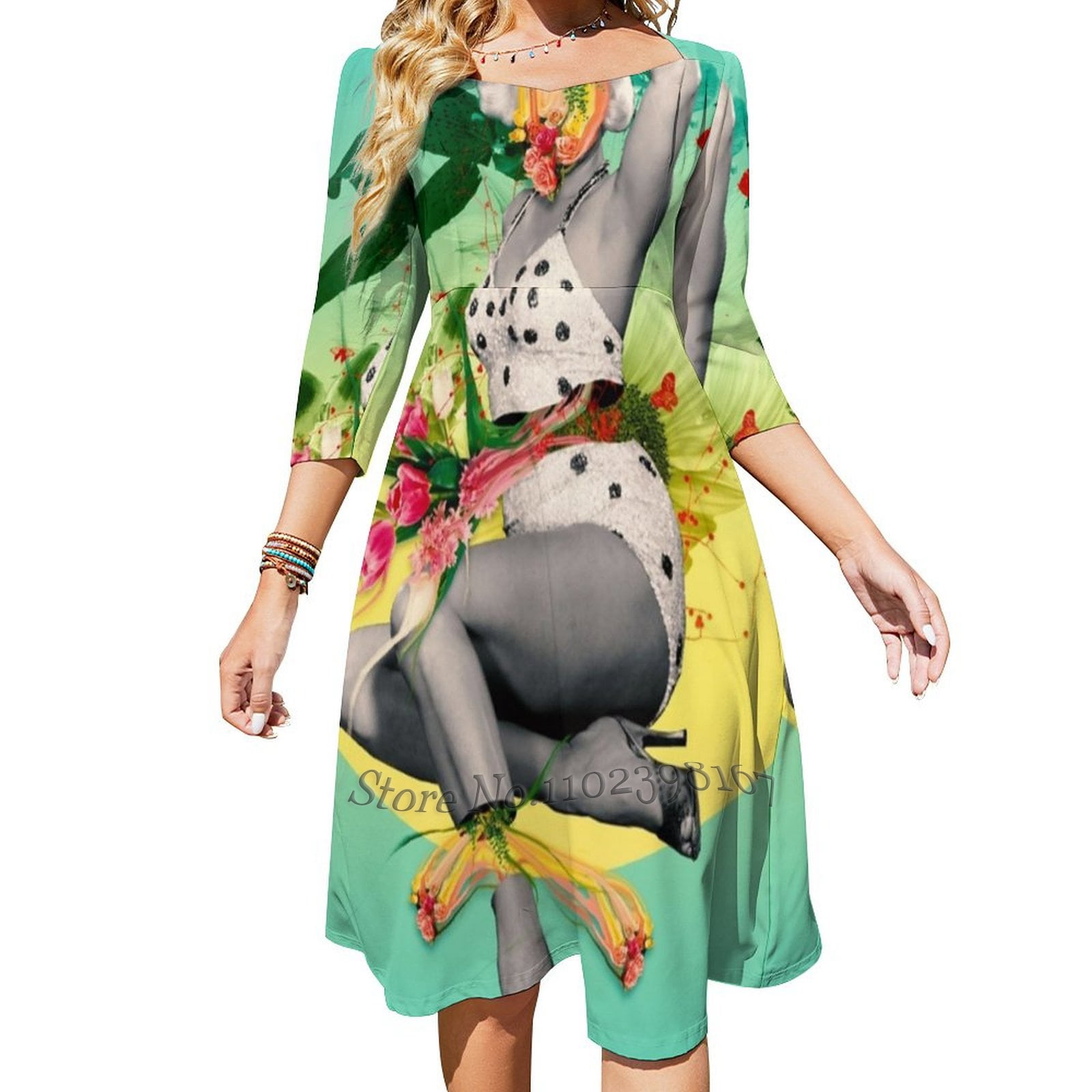 Spring Square Neck Dress Sweet Summer Dress Women Elegant Halter Print ...