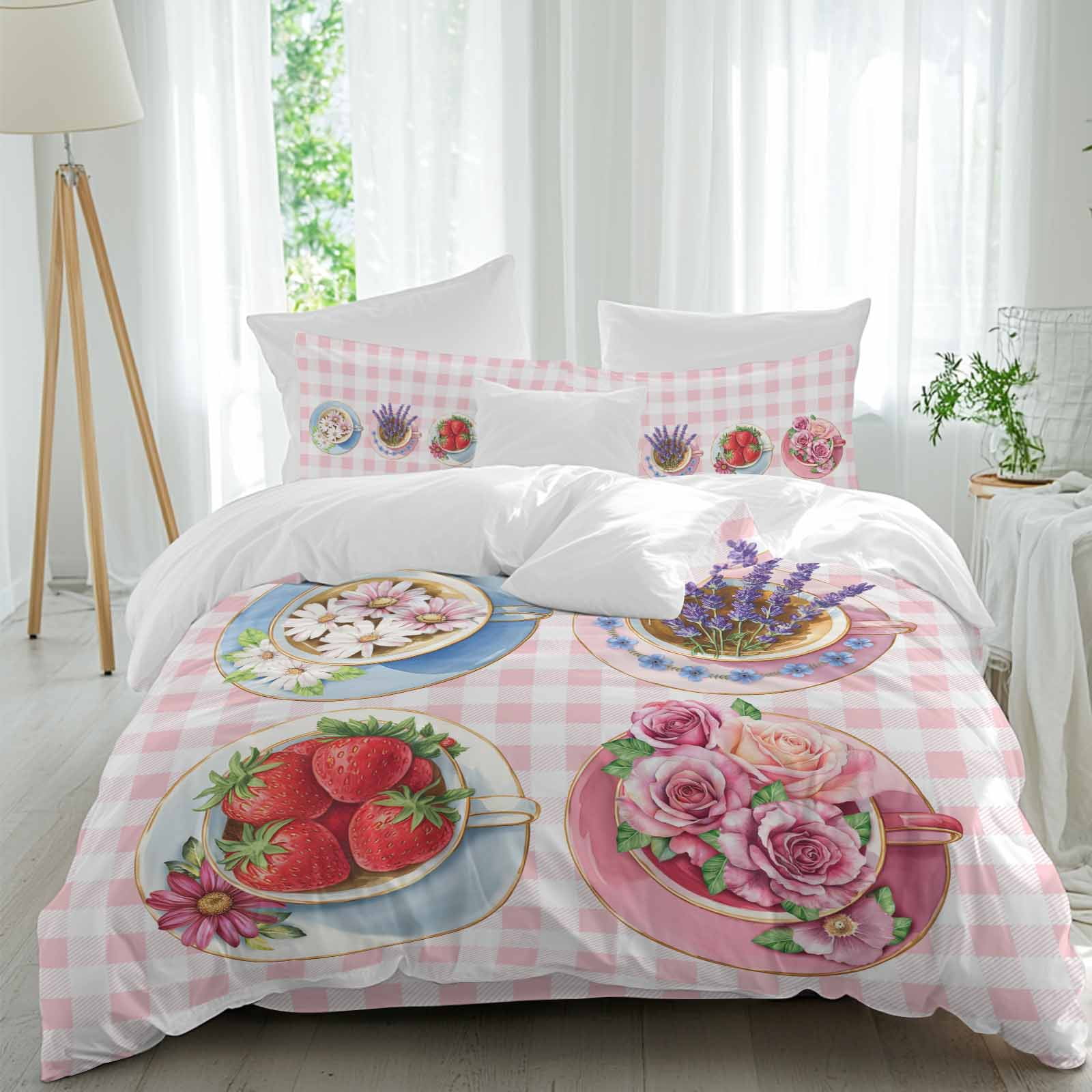 Spring Strawberry Lavender Flower Queen Size Bed Set,Teacups Pink ...