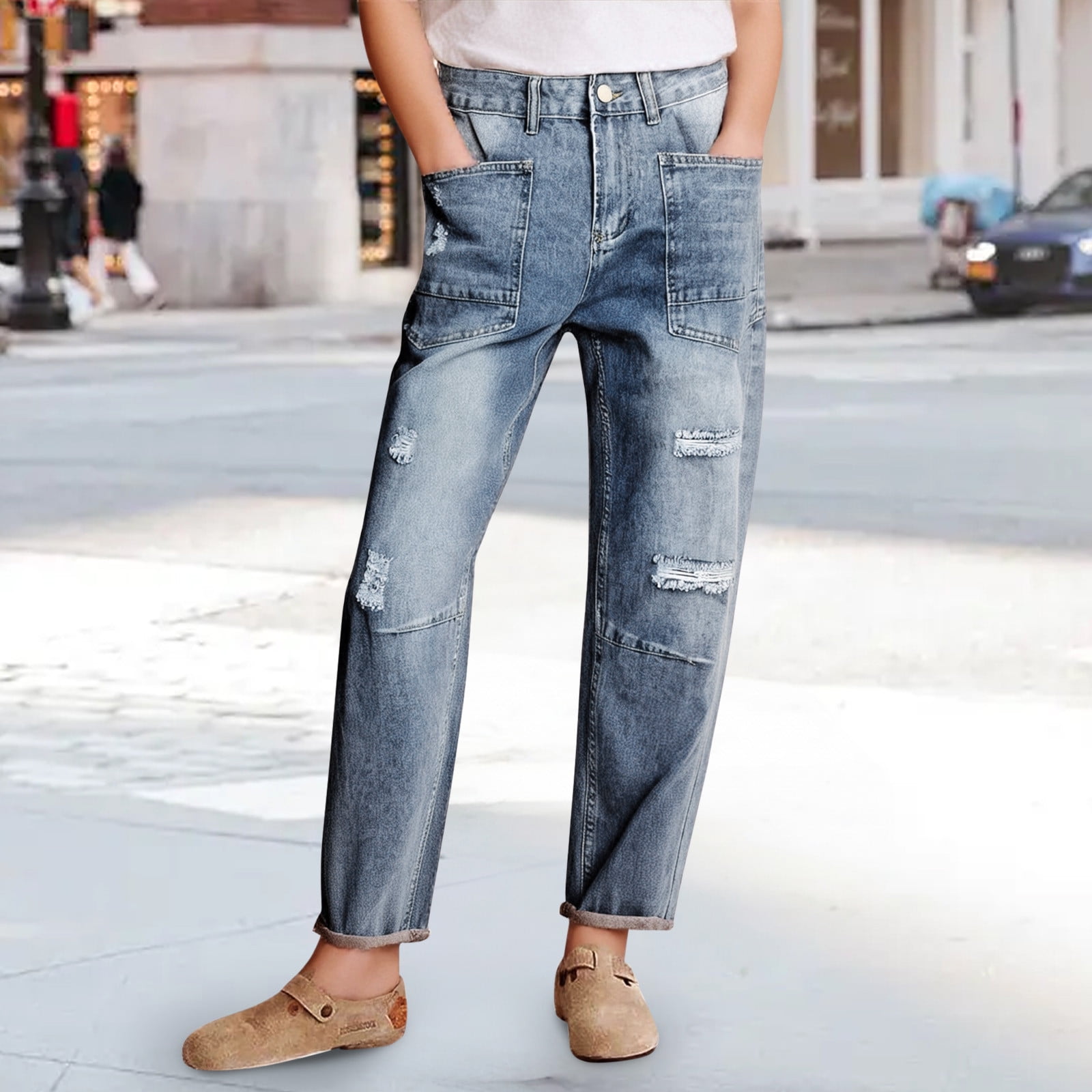 Spring Street Style Irregular Print Distressed High Waist Straight Leg ...