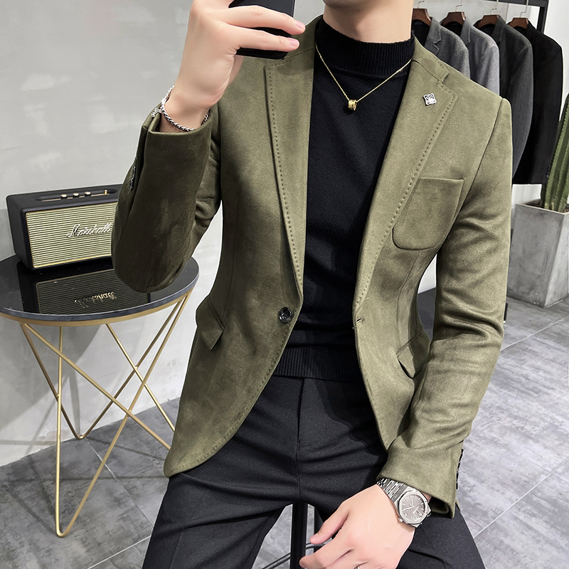 Spring Suede Suit Jacket Men Casual Business Slim Fit Blazer Deerskin ...