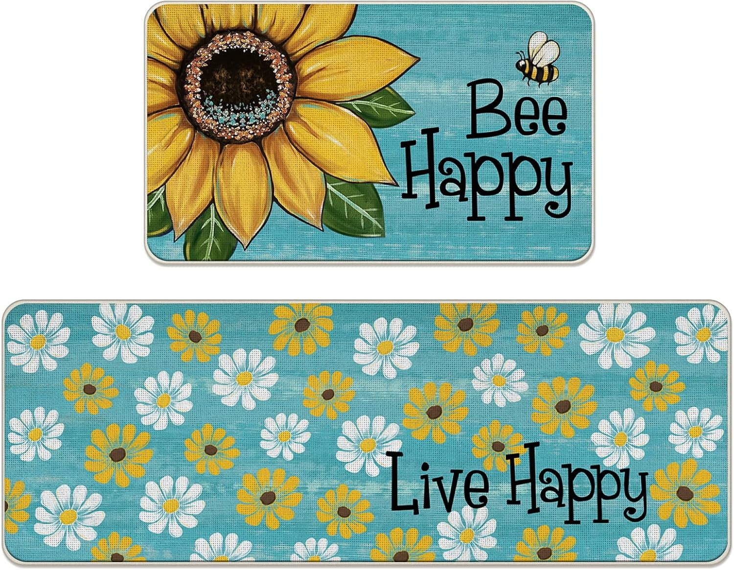 Spring Summer Bee Happy Kitchen Rugs Set of 2, Live Happy Sunflower ...
