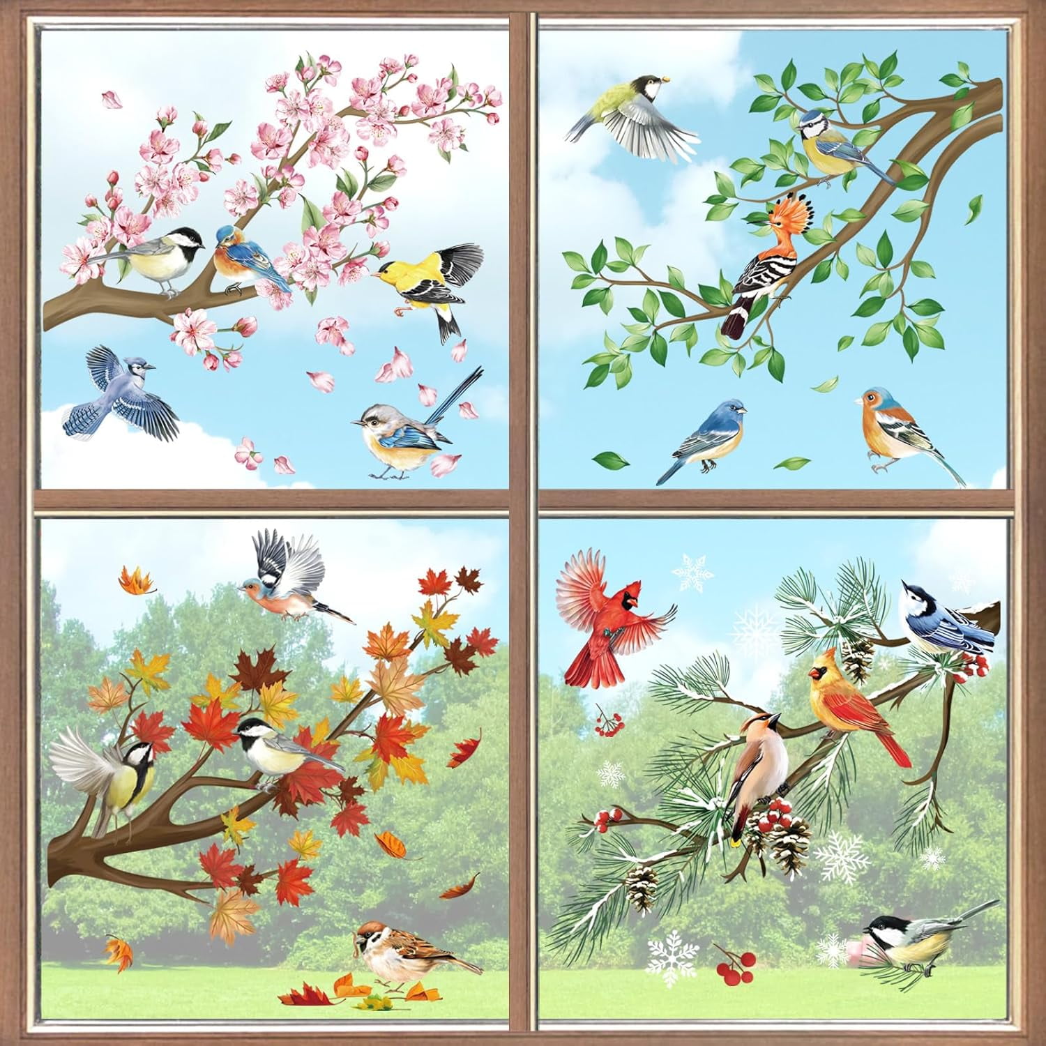 Spring Summer Birds Tree Branch Double Sided Window Clings Hummingbird ...