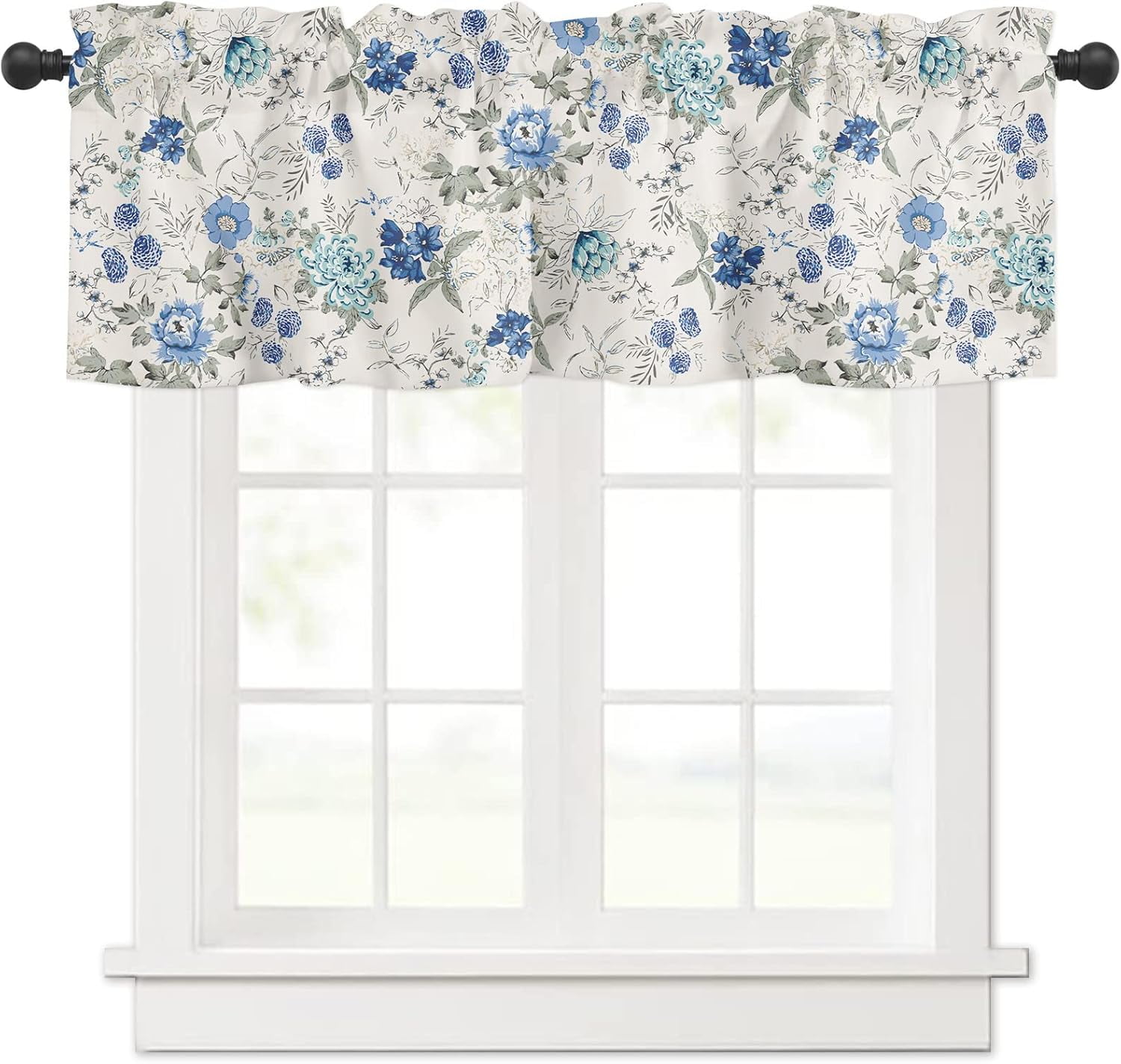 Spring Summer Blue Floral Curtain Valances for Kitchen Window Farmhouse ...