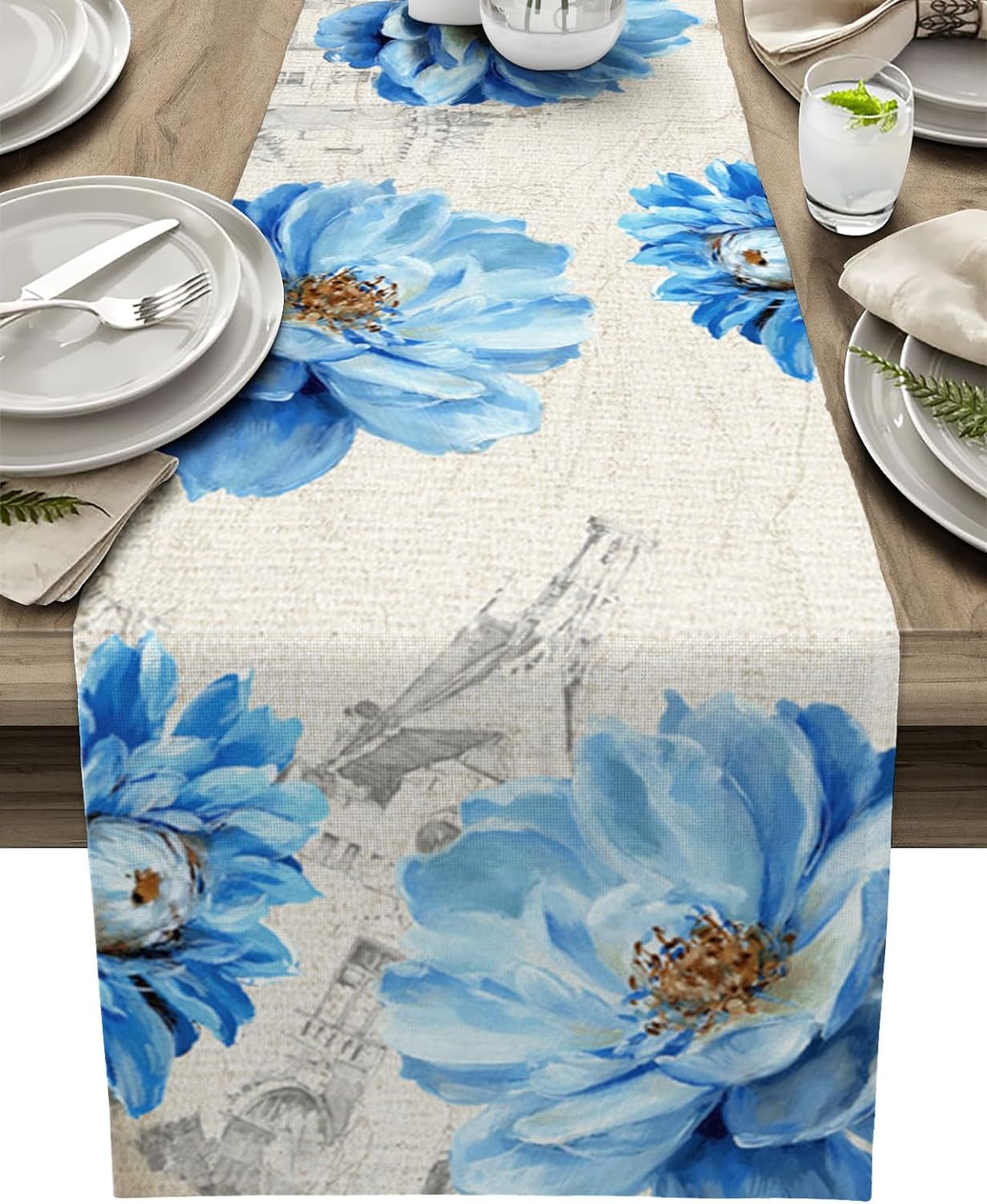 Spring Summer Blue Peony Watercolor Floral Linen Table Runners Dresser ...