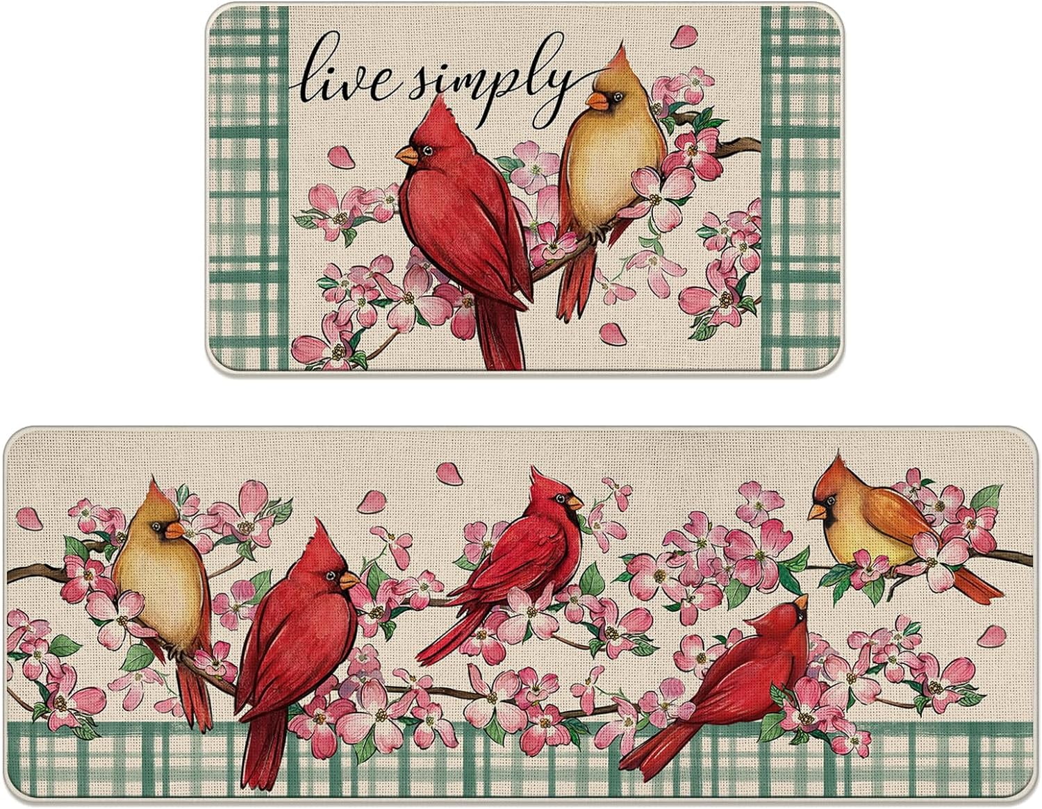 Spring Summer Cardinal Kitchen Rugs Set of 2, Live Simply Red Birds ...