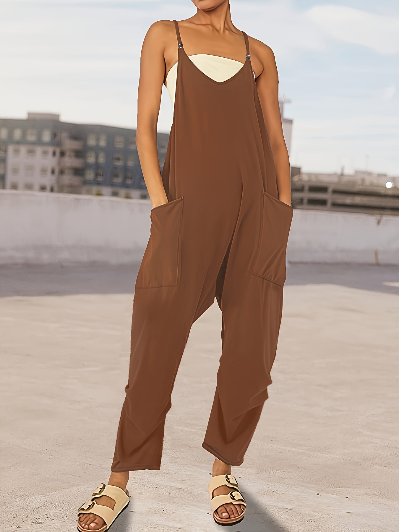 Spring/Summer Chic: Women's Solid Cami Jumpsuit - High-Elasticity ...