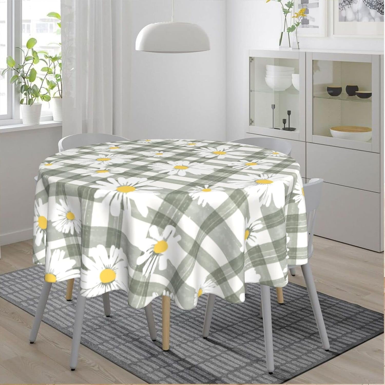 Spring Summer Daisy Floral Sage Green Plaid Round Tablecloth 60 Inch ...