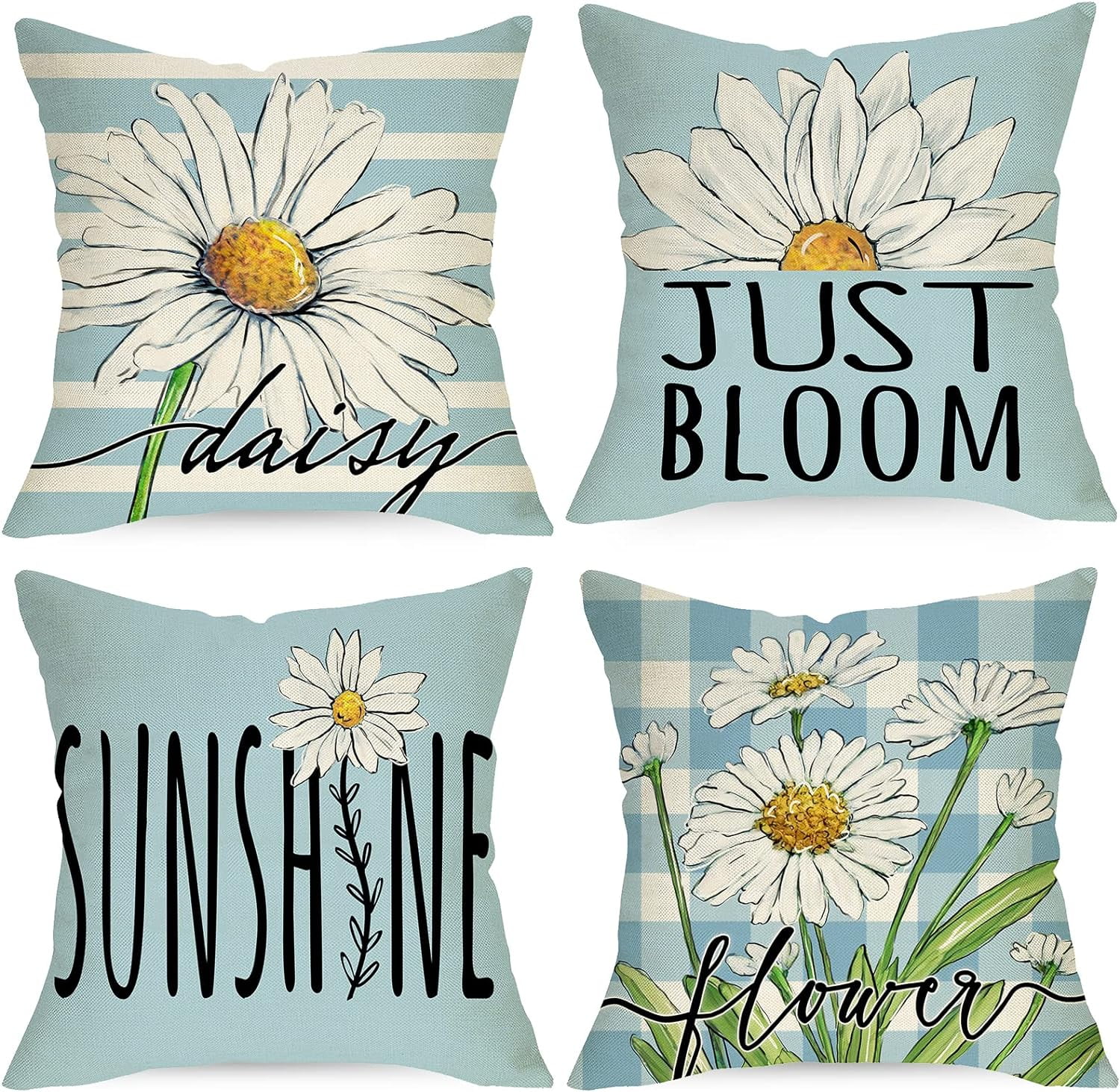 Spring Summer Daisy Flower Decorative Throw Pillow Covers 18 x 18 Set of 4, Sunshine Floral ...