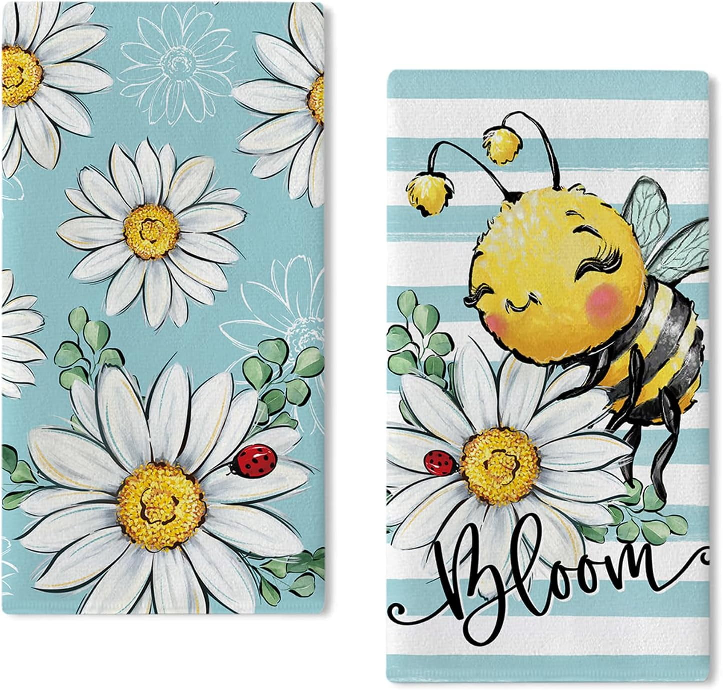 Spring Summer Daisy Flower Kitchen Dish Towels Set of 2, Bumble Bee Floral Bloom Hand Towels ...
