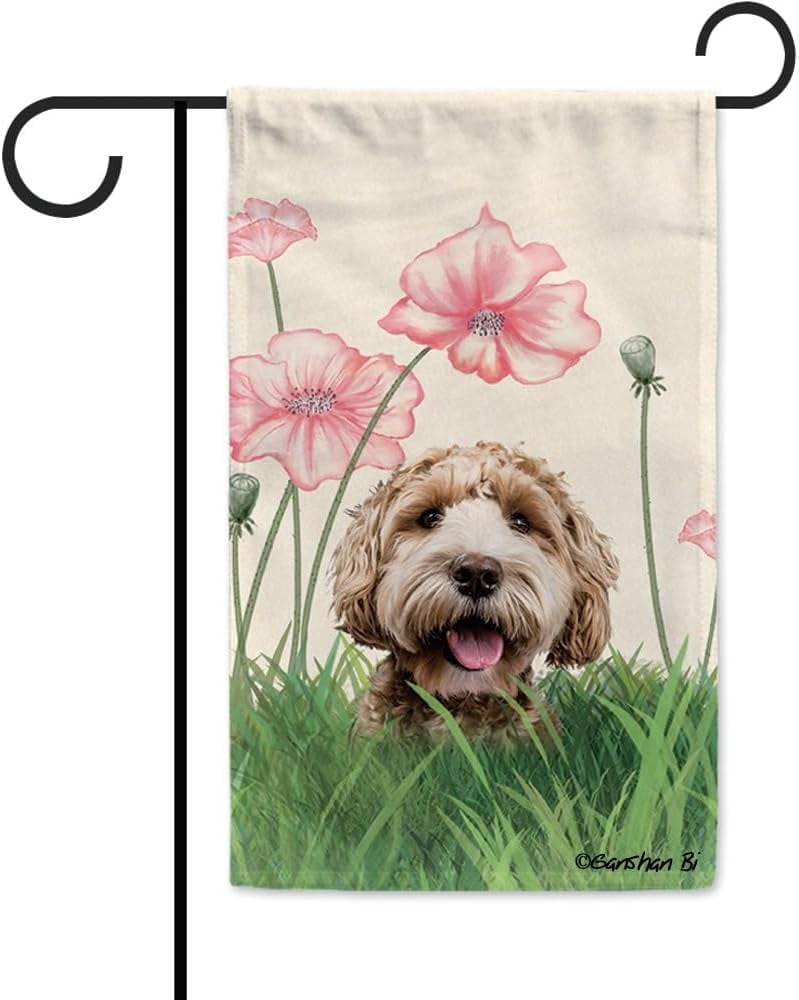 Spring Summer Dog Decorative Garden Flag Labradoodle Lotus Flowers ...