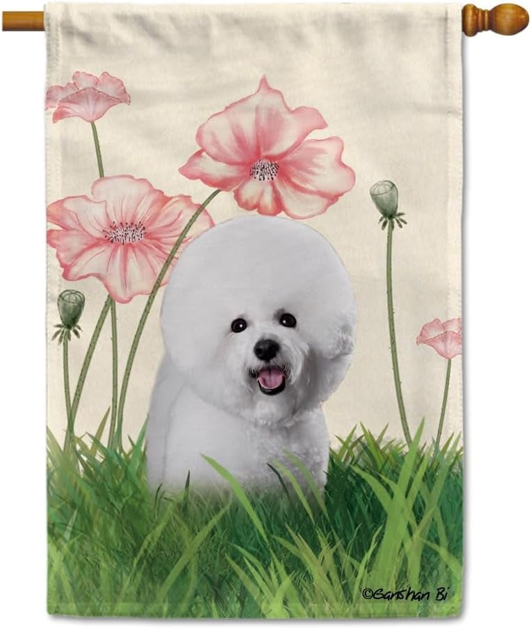 Spring Summer Dog Decorative House Flag Bichon Frise Lotus Flowers ...