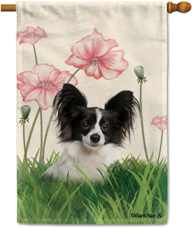 Spring Summer Dog Decorative House Flag Papillon Lotus Flowers Outside ...