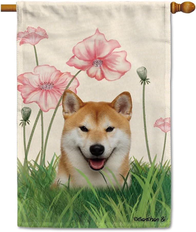 Spring Summer Dog Decorative House Flag Shiba Inu Lotus Flowers Outside ...
