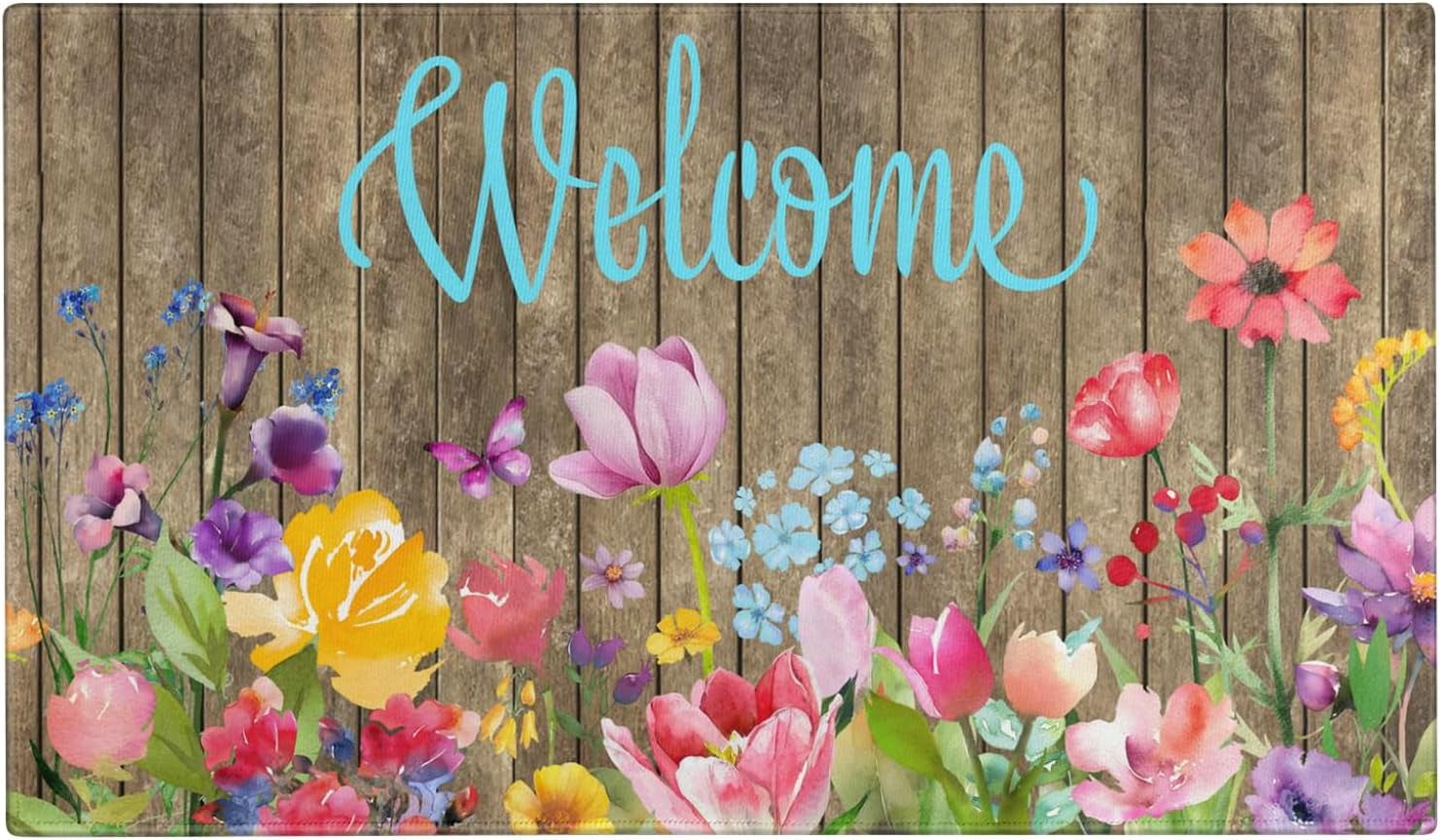 Spring Summer Door Mat,Colorful Flower Watercolor Floral Indoor Outdoor ...