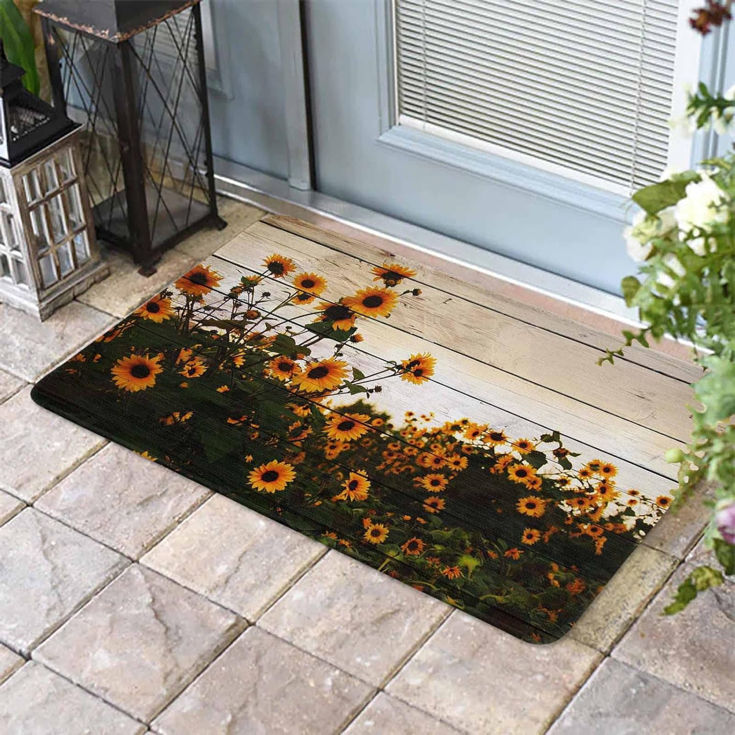 Spring Summer Door Mat Farmhouse Floral Wood Grain Decorative ...