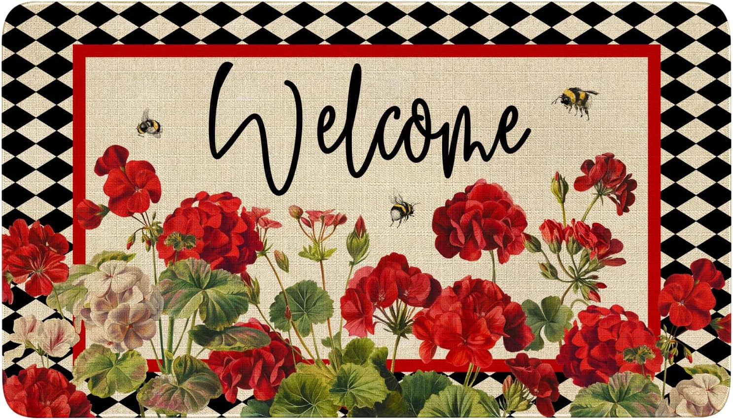 Spring Summer Door Mat,Geranium Bee Red Floral Buffalo Plaid Indoor ...