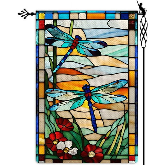 Spring and -Summer Dragonfly -Garden Flag Glass Style -Flower Garden ...