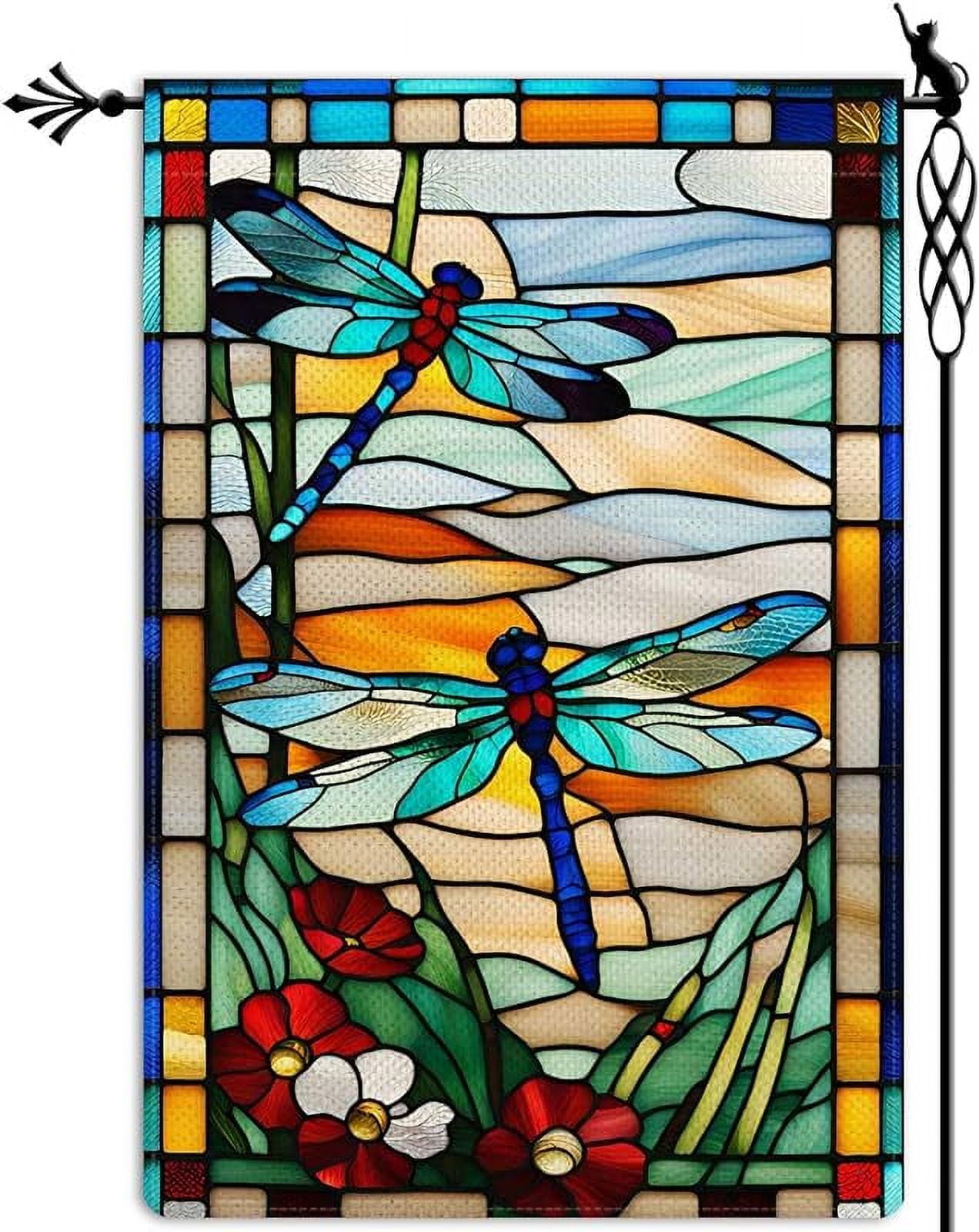 Spring Summer Dragonfly House Flag Glass Style Flowers House Flag ...