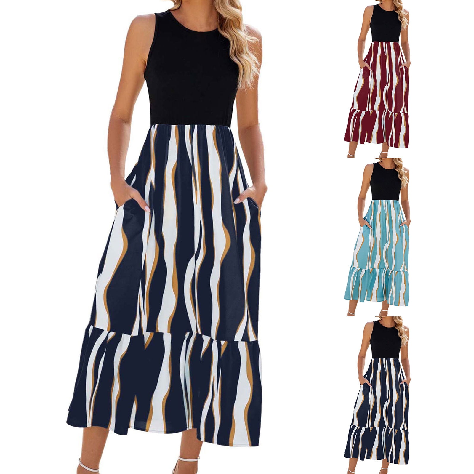 Spring Summer Dresses for Women 2024 Boho Halter Tank Crew Neck Solid ...