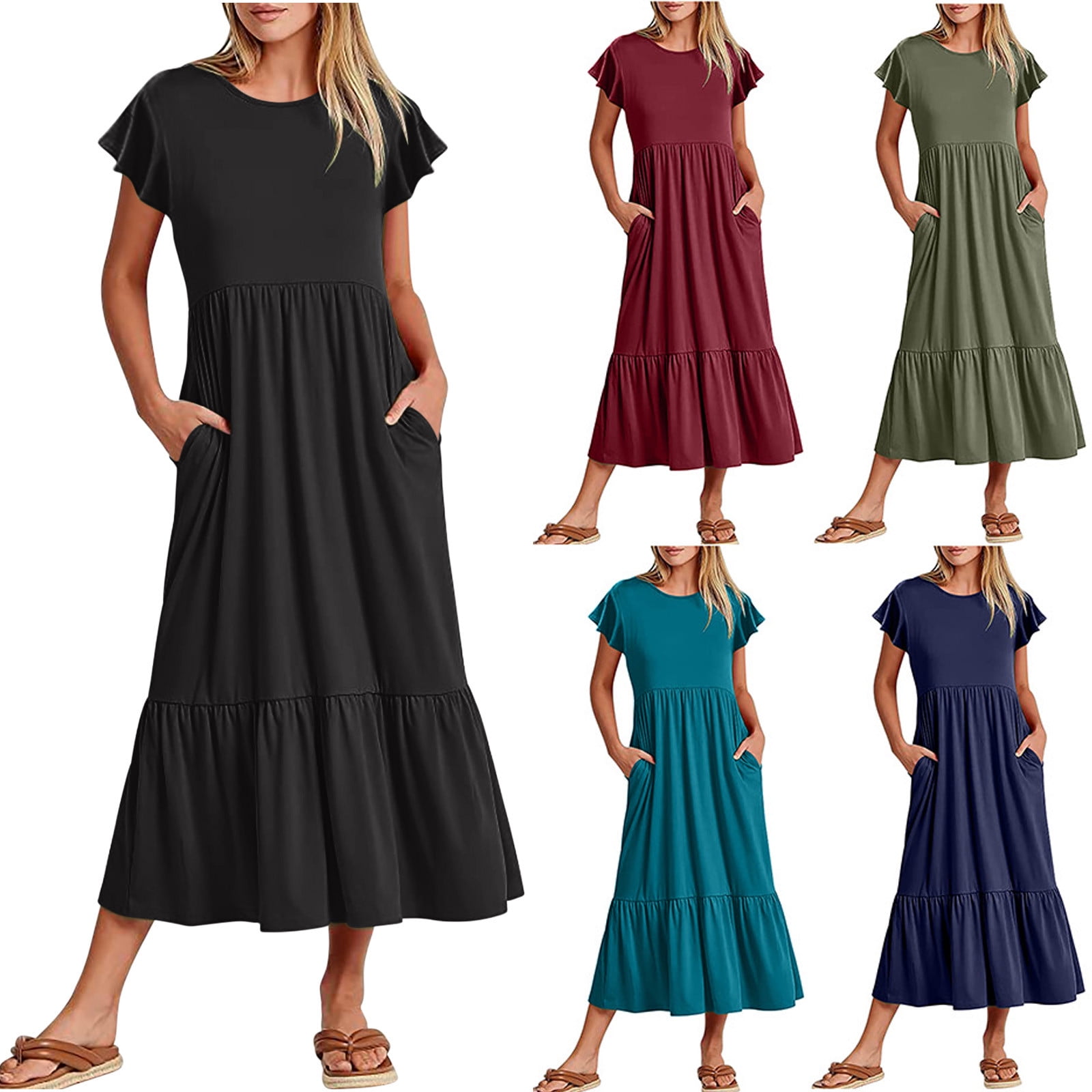 Spring Summer Dresses For Women 2024 Casual Flutter Short Sleeve Crew
