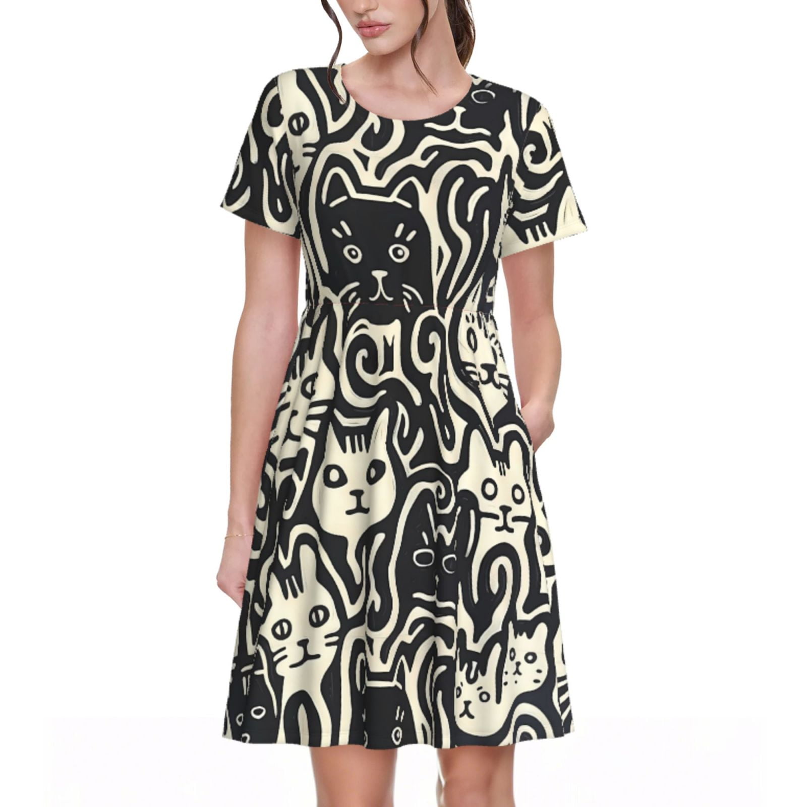 Spring Summer Dresses for Women 2025 - Abstract Cat Faces Pattern Beach ...