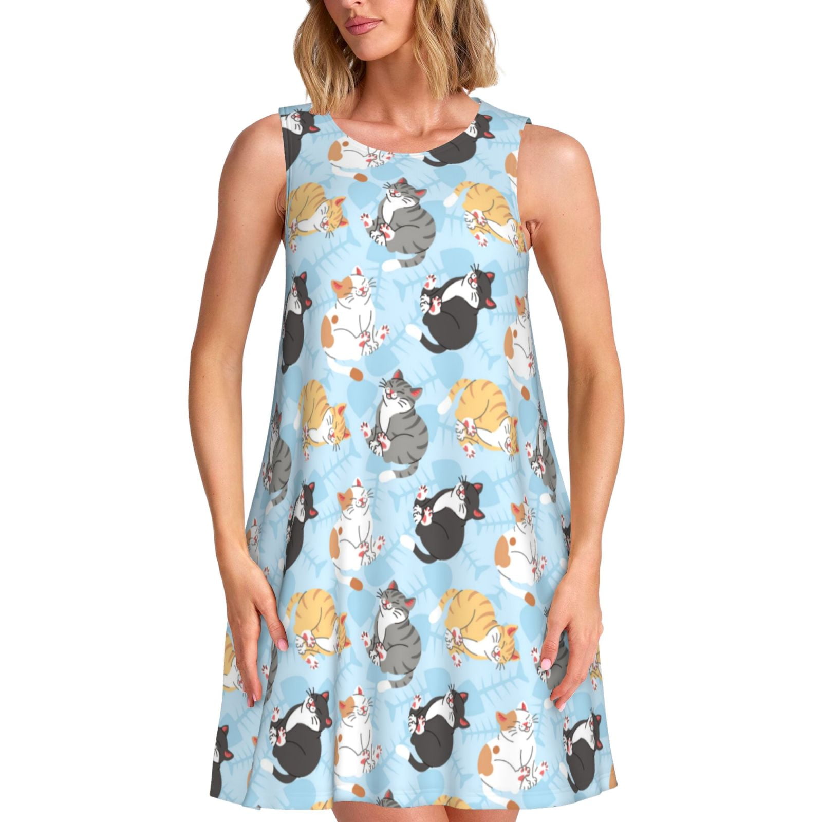Spring Summer Dresses for Women 2025 - Art Cute Cartoon Cat Fishbone ...