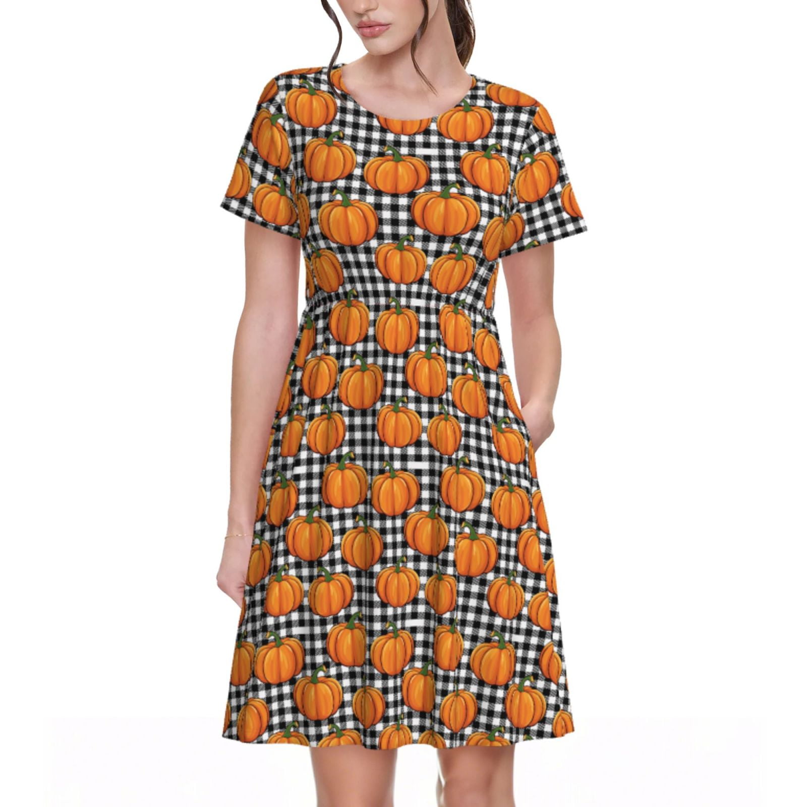 Spring Summer Dresses for Women 2025 - Autumn Orange Pumpkins Plaid Beach Vacation Clothes ...