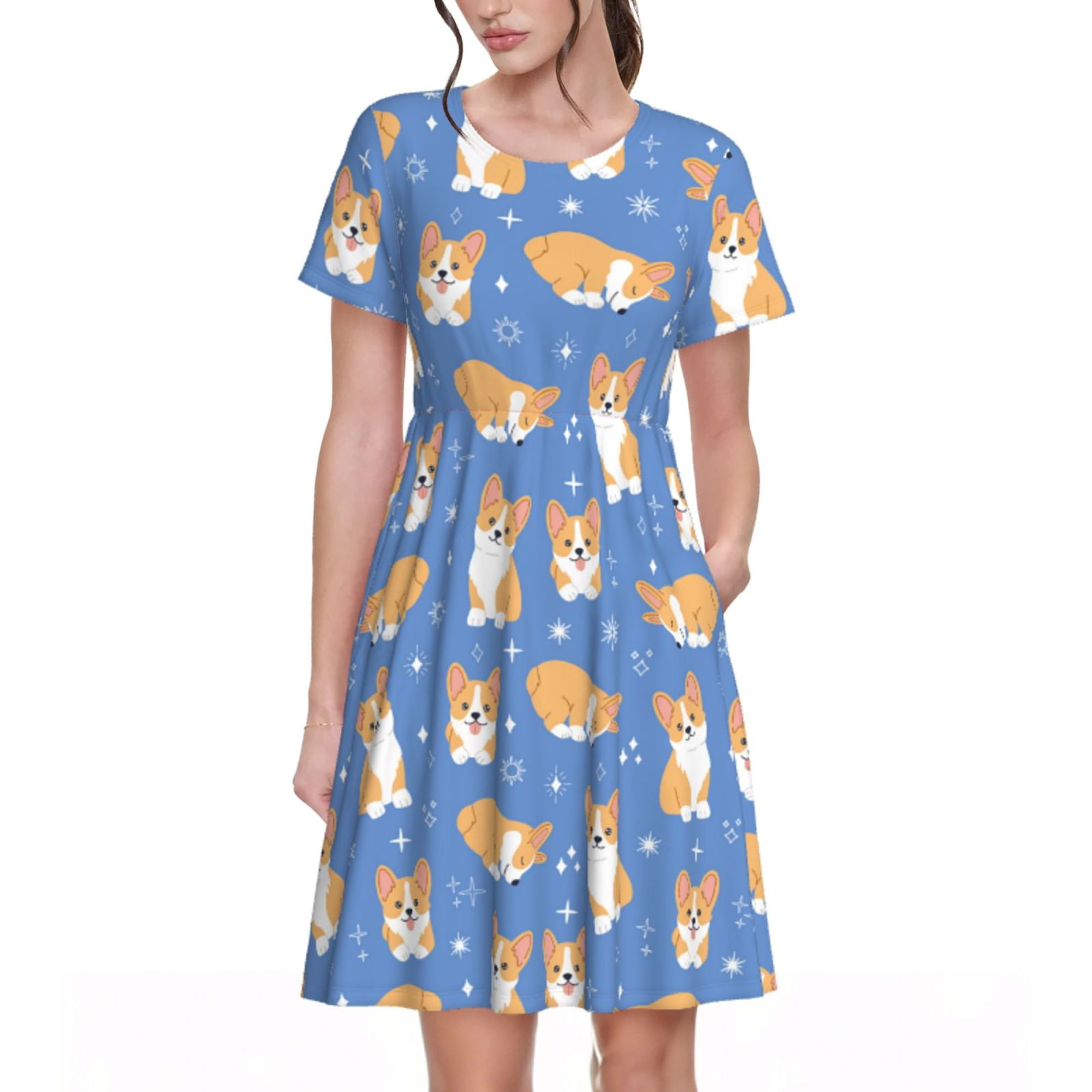 Spring Summer Dresses for Women 2025 - Cute Corgi Dog Blue Beach ...