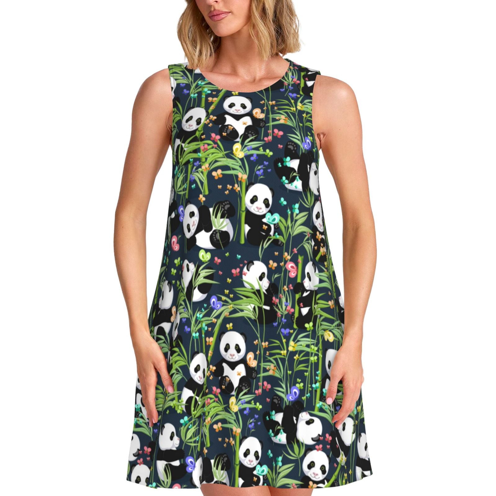 Spring Summer Dresses for Women 2025 - Fun Panda Playing Leaves Beach ...