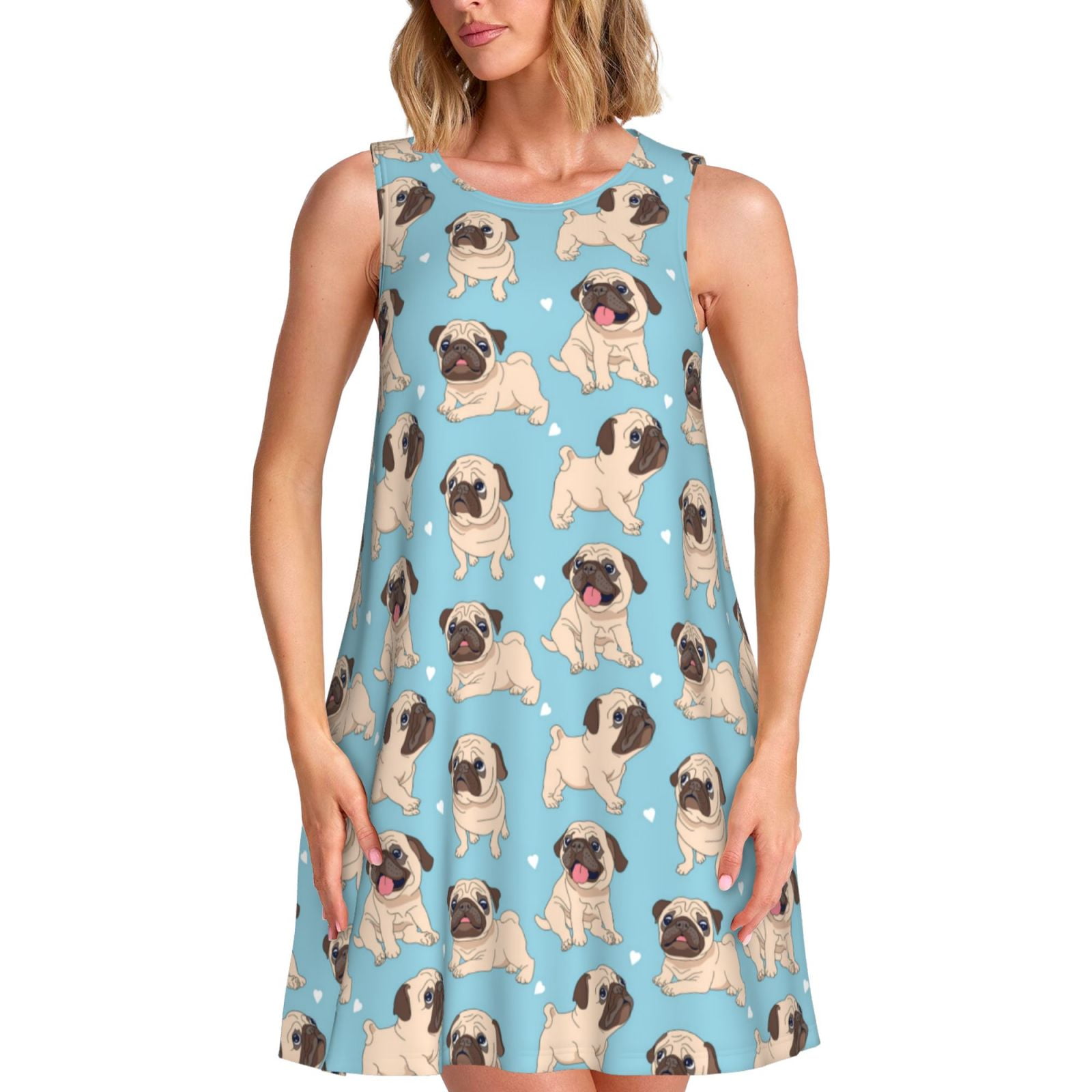 Spring Summer Dresses for Women 2025 - Funny Cartoon Pugs Beach ...